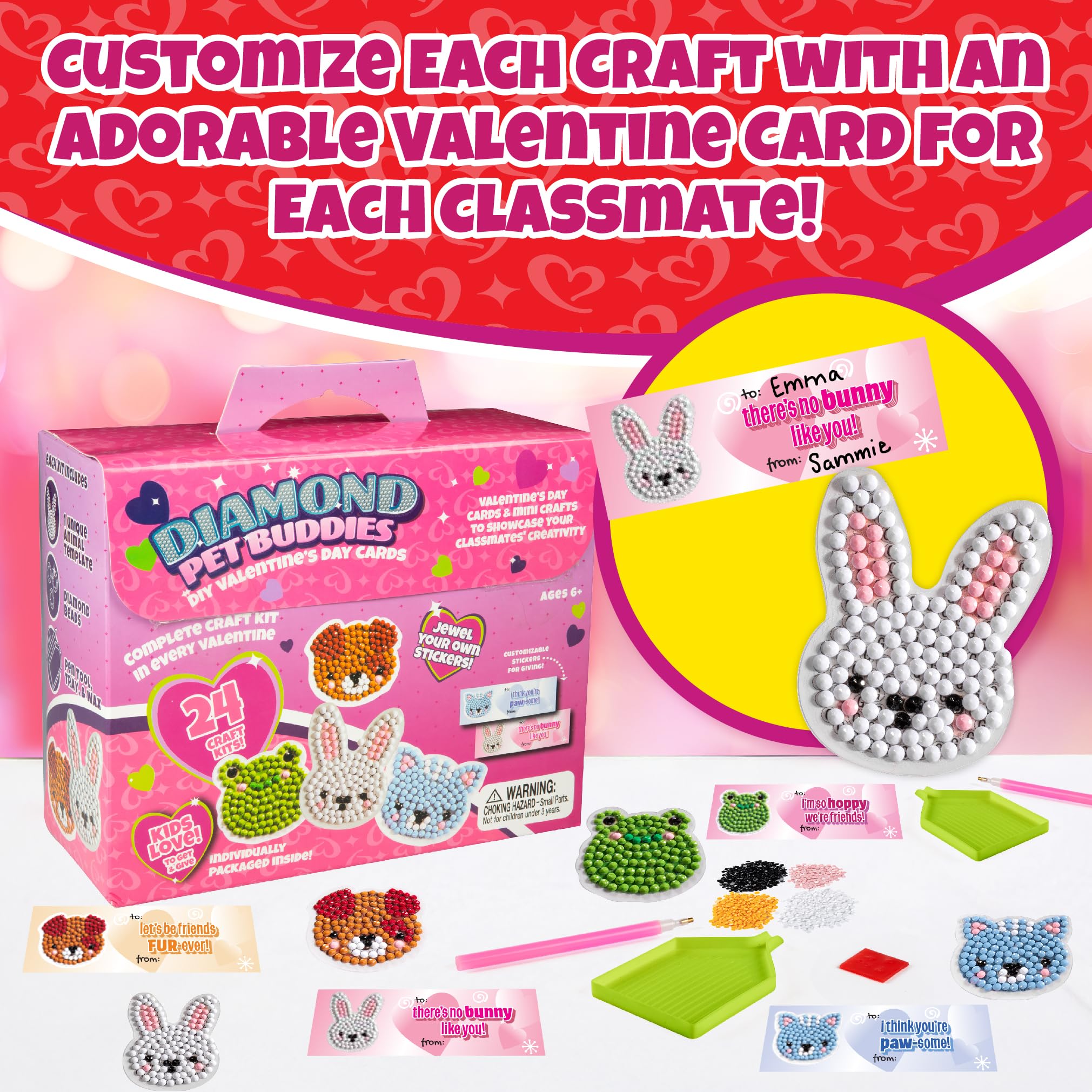 Kids Valentine's Day Cards - Pet Buddies Diamond Painting Kits (24ct)- Each Valentines Card Includes Pet Animal Gem Craft Activity & Sticker- Make Classroom School Exchange Gifts Fun for Boys & Girls