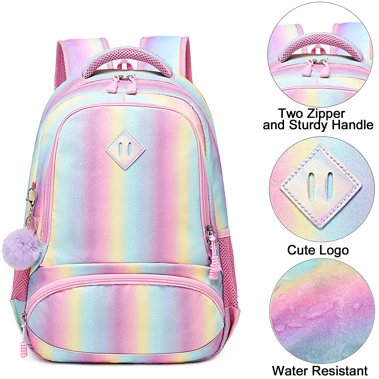 Meisohua Kids School Rainbow Glitter Backpack with Lunch Bag Girls Preschool Backpack 3 in 1 School Bag Set Daypack Bookbag (Bling Set)