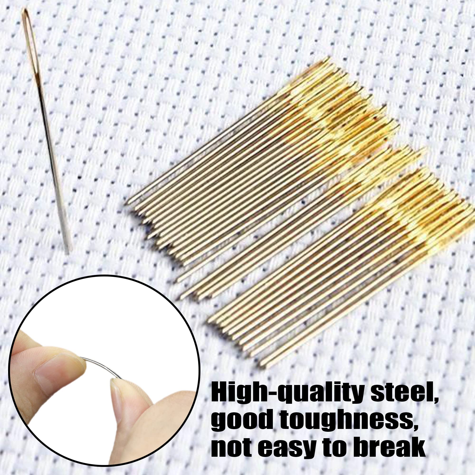 100pcs Cross Stitch Needles + 2 Needle Threader Golden Color Large Eyes Cross Stitch DIY Embroidery Hand Needles Sewing Needles in Transparent Box (26#)