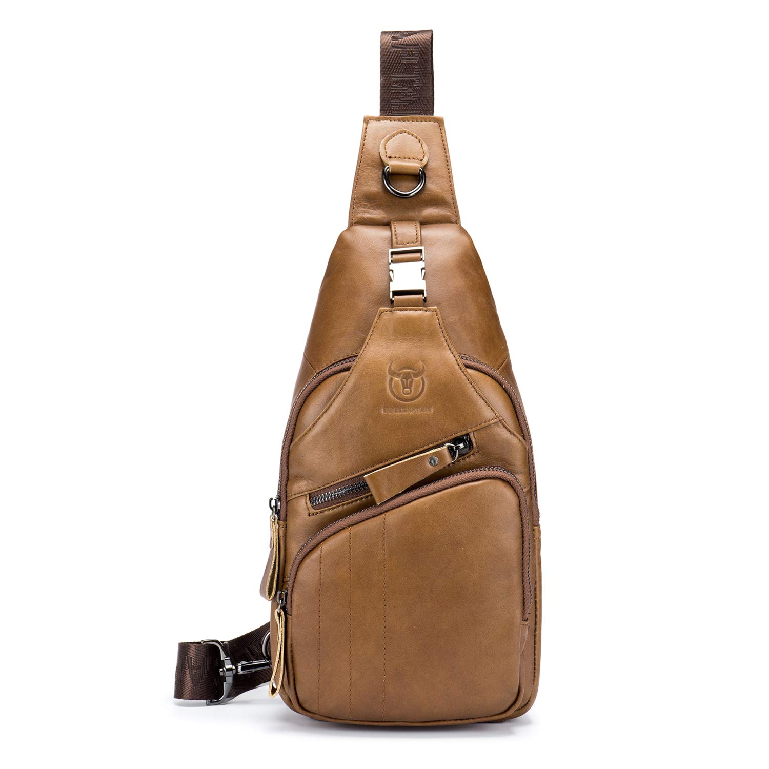BULLCAPTAIN Shoulder Backpack Casual Cross Body Bag Genuine Leather Ipad Mini Pack Travel Sling Bag XB-105 (Brown, Big)