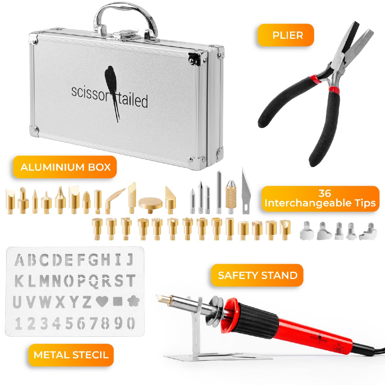 Premium Wood Burning Kit 43PCS | 36Tips, Adjustable Temperature Pen With Stand, Metal Stencil & Pliers. Free Deluxe Case & How To. Complete Gift For An Effortlessly Mastering The Art Of Pyrography