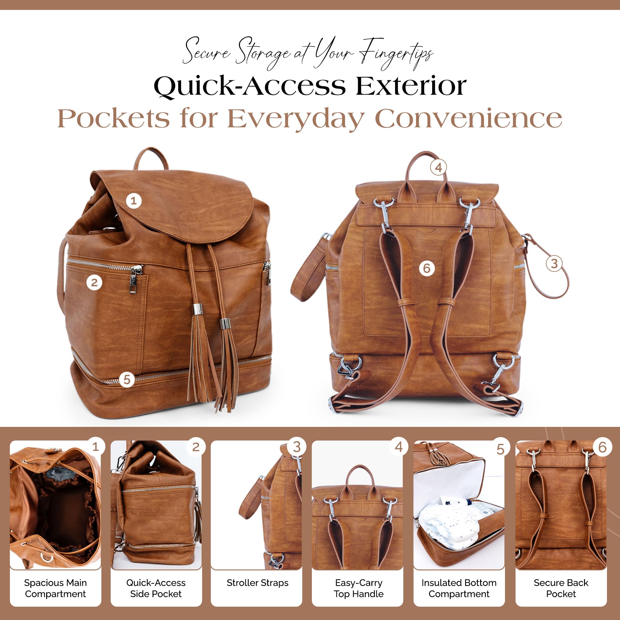 Citi Collective Journey Diaper Bag - Vintage Tan - Convertible Backpack to Shoulder or Crossbody - Waterproof Vegan Leather