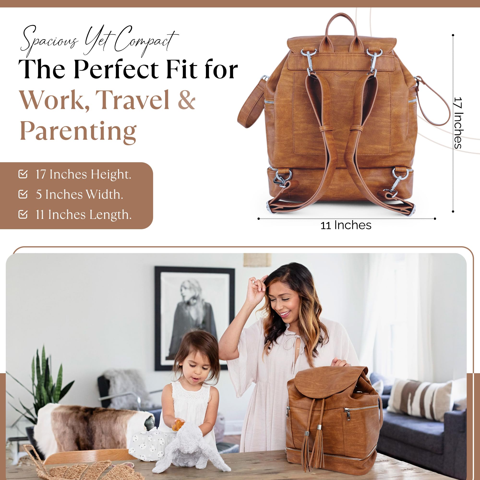Citi Collective Journey Diaper Bag - Vintage Tan - Convertible Backpack to Shoulder or Crossbody - Waterproof Vegan Leather