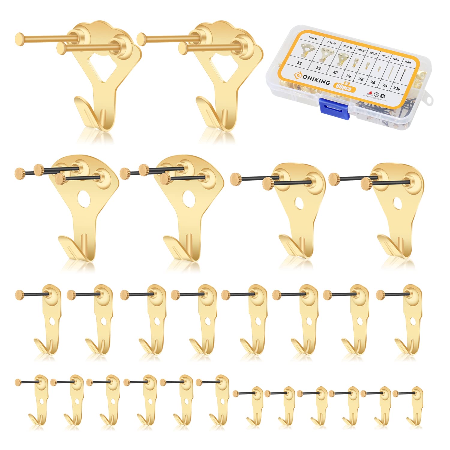 Picture Frame Hooks with Nails - ROBUST 60pcs Picture Hanging Kit, Frame Hangers with Hooks, Nails for Picture Frame, Canvas, Mirror, Art (N4)