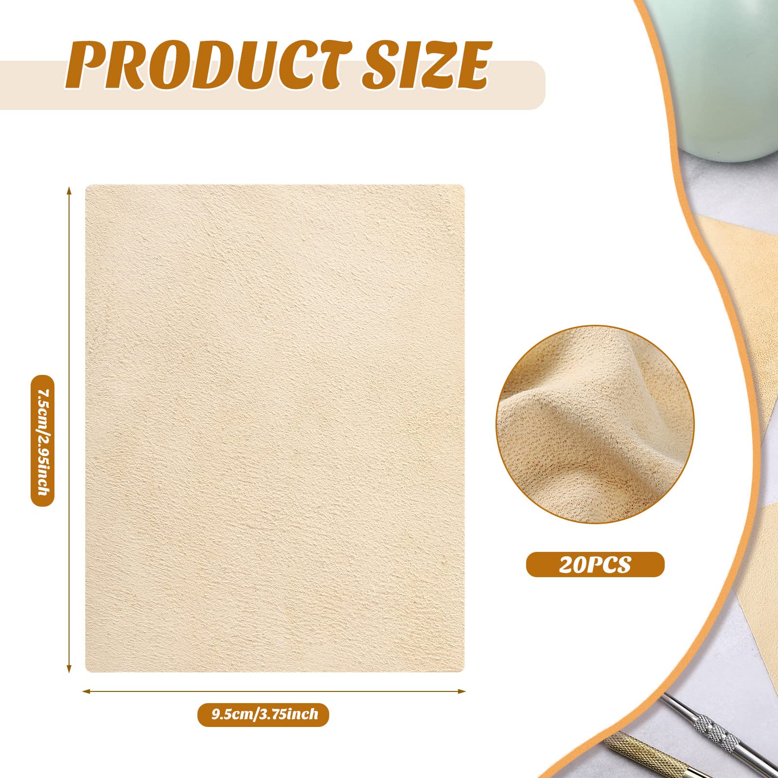 Potchen 20 Pieces Pre Cut Chamois for Smoothing Pot Rim Clay Pottery Tools Soft Cloth Leather Tool Kit Ceramic Supplies Ceramics Trimming (3 x 3.7 Inch)