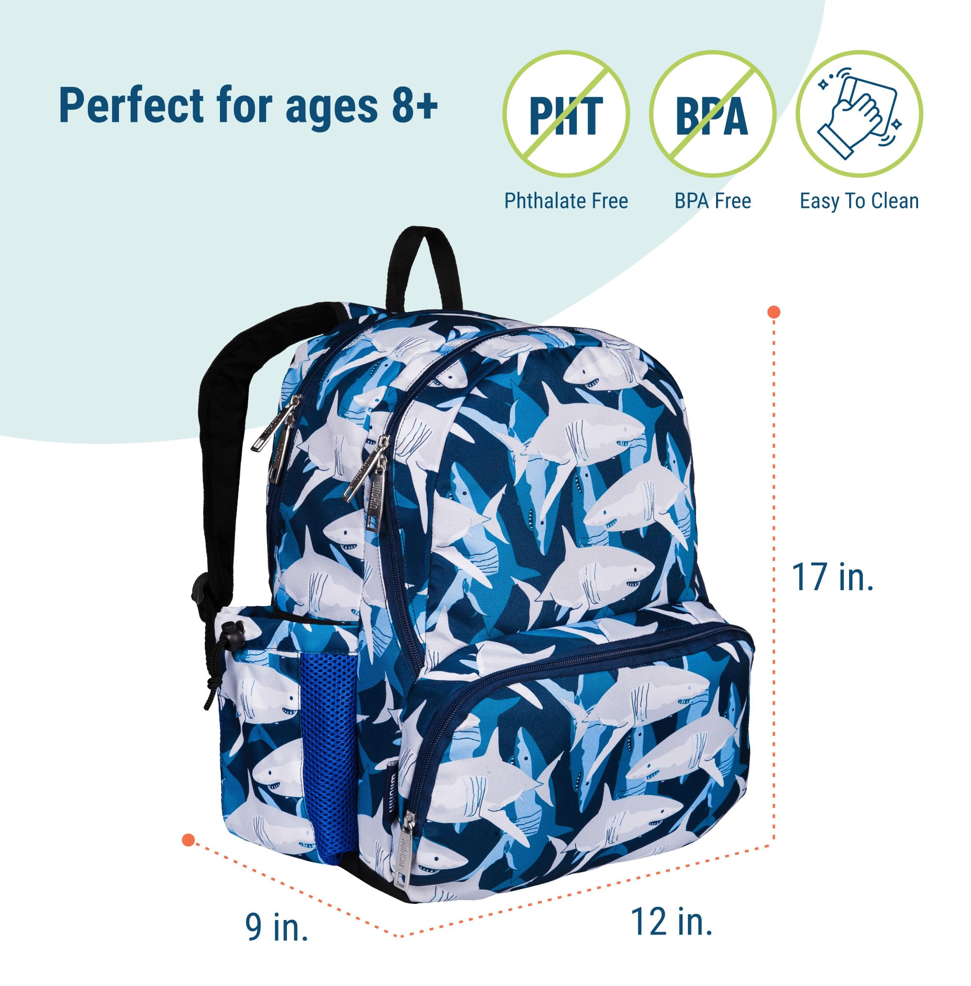 Wildkin 17 Inch Kids Backpack for Boys & Girls, Features Three Zippered Compartment with Interior & Side Pockets Backpacks, Perfect for School & Travel Backpack for Kids (Sharks)