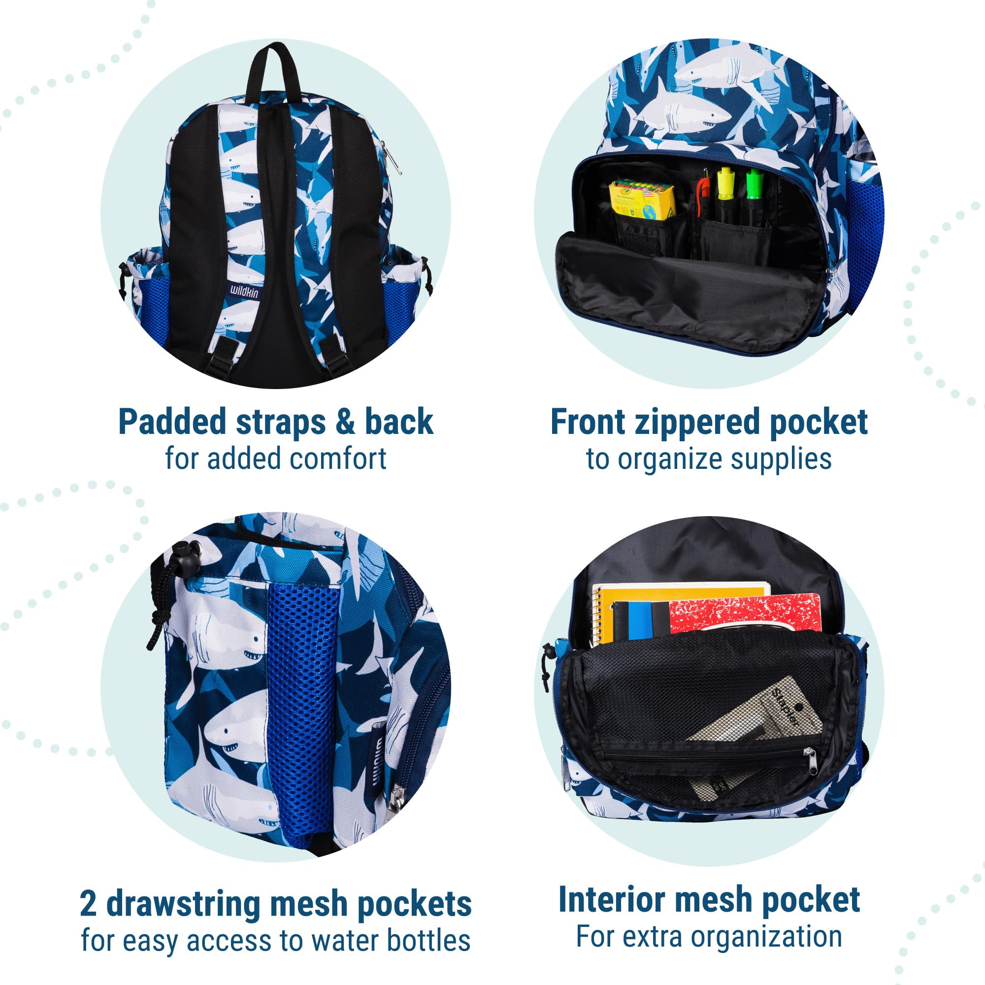 Wildkin 17 Inch Kids Backpack for Boys & Girls, Features Three Zippered Compartment with Interior & Side Pockets Backpacks, Perfect for School & Travel Backpack for Kids (Sharks)