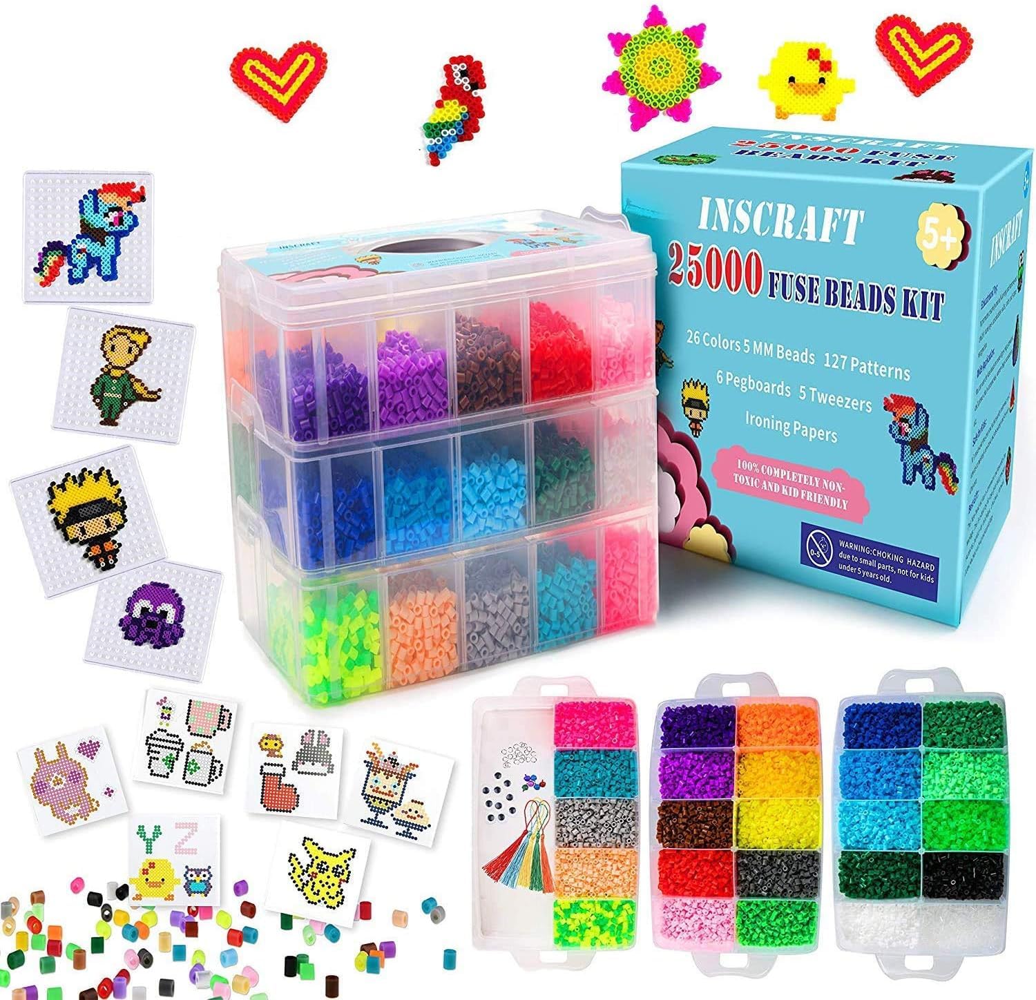 Fuse Beads, 25,000 pcs Fuse Beads Kit 26 Colors 5MM, Including 127 Patterns, 4 Big Square Pegboards, 1 Heart Pegboards, 1 Flower Pegboards, Ironing Paper, Tweezers, Beads Compatible by INSCRAFT