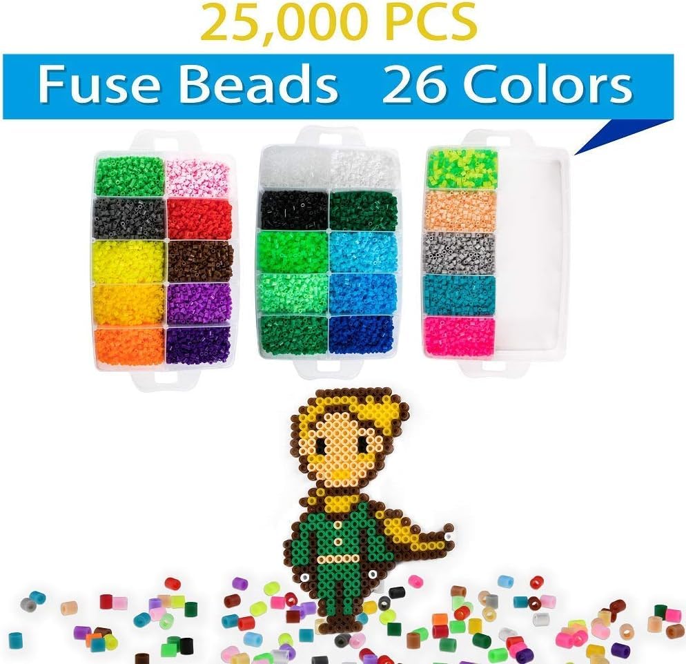 Fuse Beads, 25,000 pcs Fuse Beads Kit 26 Colors 5MM, Including 127 Patterns, 4 Big Square Pegboards, 1 Heart Pegboards, 1 Flower Pegboards, Ironing Paper, Tweezers, Beads Compatible by INSCRAFT