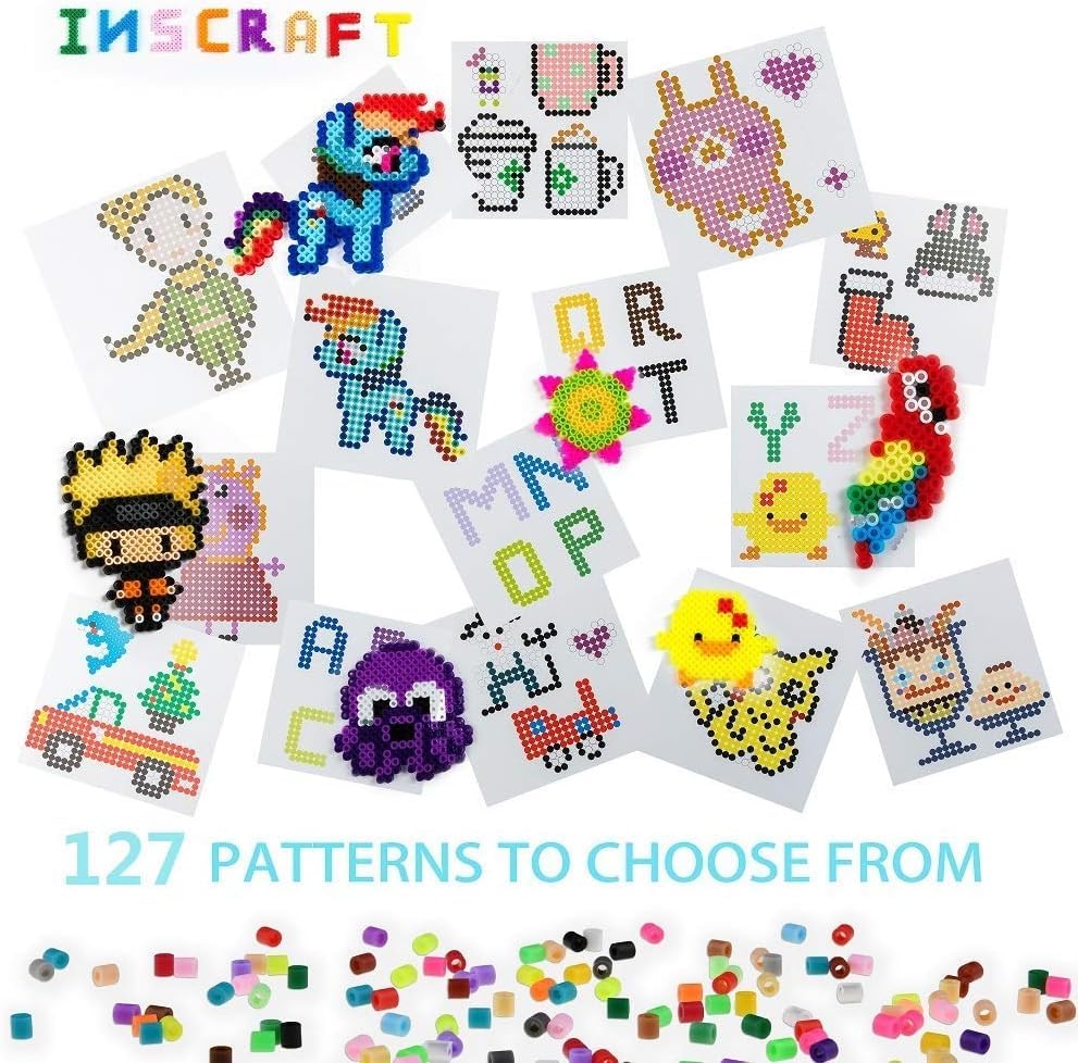 Fuse Beads, 25,000 pcs Fuse Beads Kit 26 Colors 5MM, Including 127 Patterns, 4 Big Square Pegboards, 1 Heart Pegboards, 1 Flower Pegboards, Ironing Paper, Tweezers, Beads Compatible by INSCRAFT