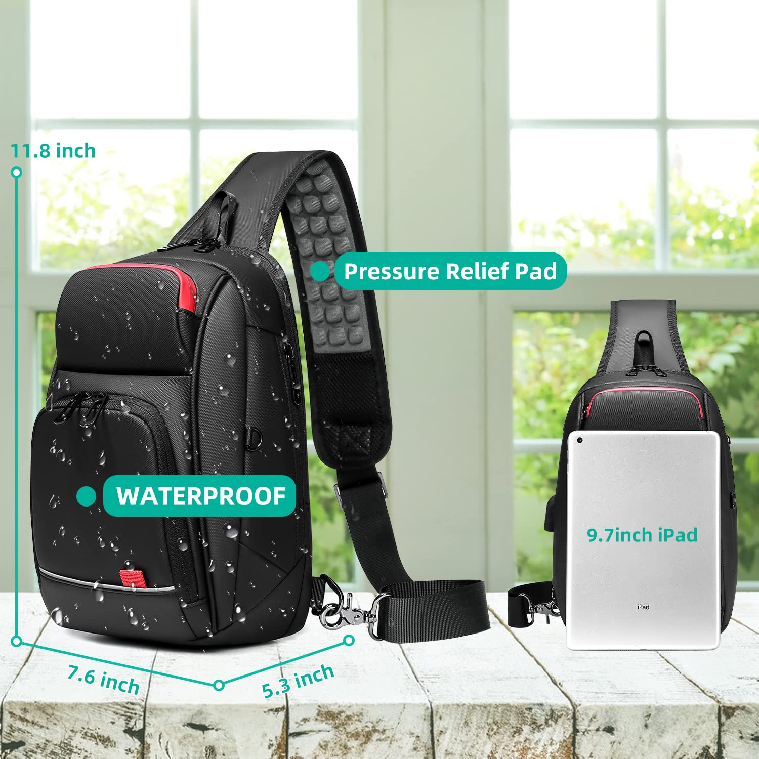 Mens Shoulder Bag for 9.7 inch Tablet,Black Cross-body Chest Sling Pack with USB Charging Port