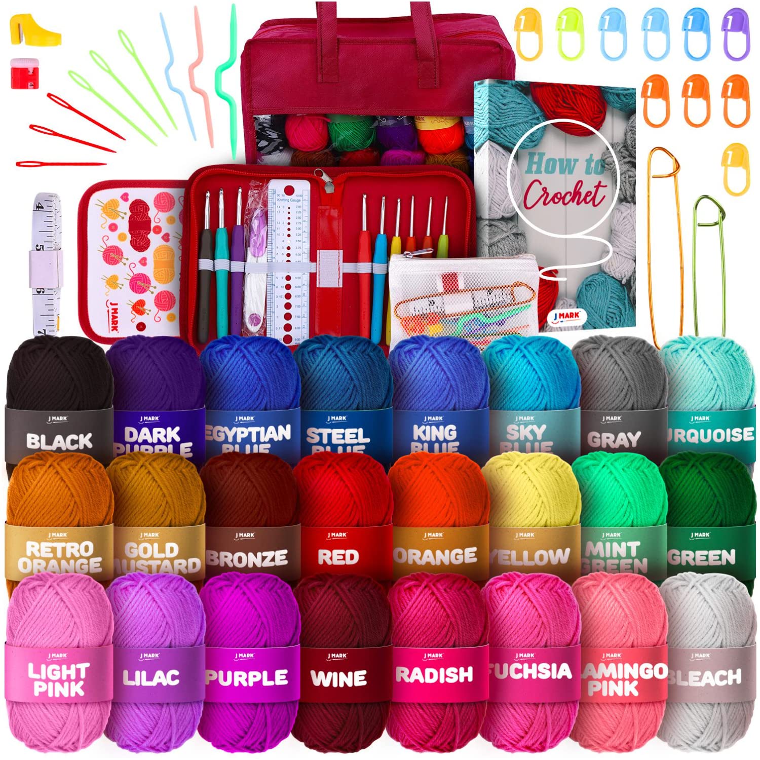 J MARK Crochet Kit for Beginners with Yarn Set, Premium Bundle Includes 1,320 Yards Acrylic Crochet Yarn Balls, Crochet Hooks, Needles, Book, Bags More, Professional Starter Pack for Adults and Kids