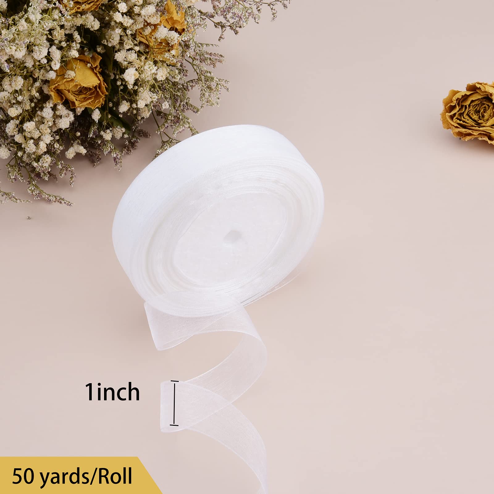 Hapeper 1 Inch Sheer Organza Chiffon Ribbon, 50 Yards/ Roll (White)
