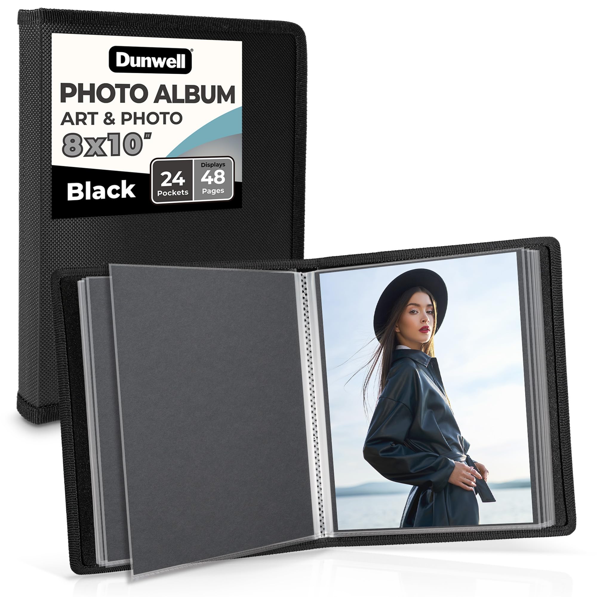 Dunwell 8x10 Photo Album Book - (Black), Art Portfolio Binder for 8 x 10 Pictures, 24 Clear Sleeves Display 48 Pages, 10x8 Sheet Protector Folder for Kids Artwork, Sketches, Prints