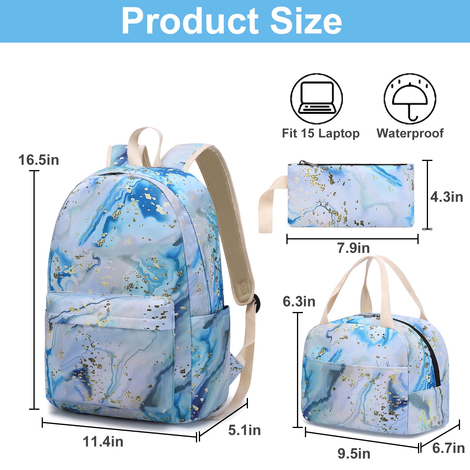 Bluboon Teen Girls School Backpack Kids Bookbag Set with Lunch Box Pencil Case Travel Laptop Backpack Casual Daypacks (Blue-white)