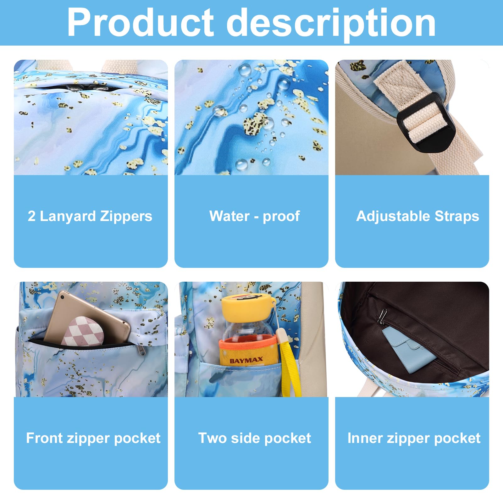 Bluboon Teen Girls School Backpack Kids Bookbag Set with Lunch Box Pencil Case Travel Laptop Backpack Casual Daypacks (Blue-white)