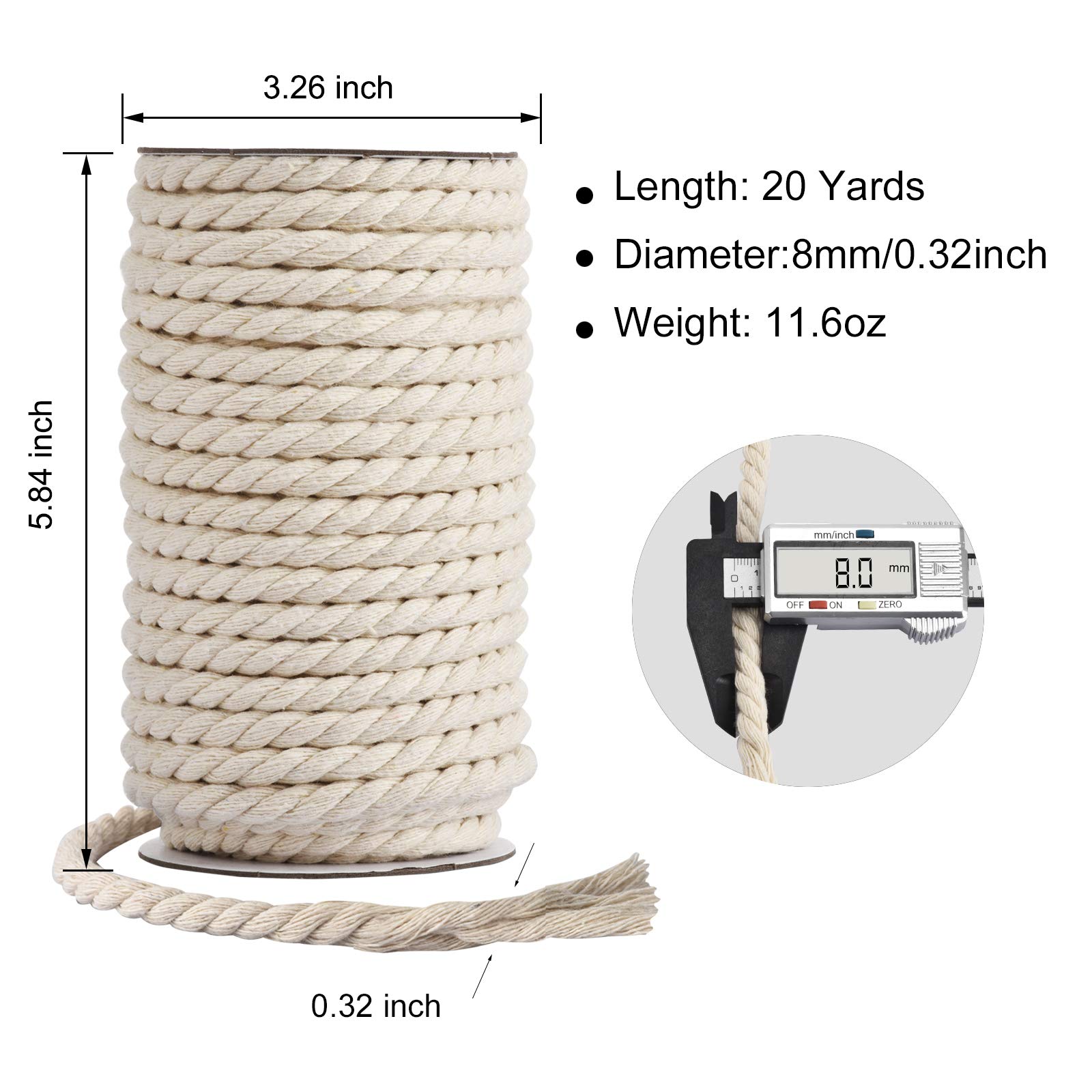 Hdviai Macrame Cord - Natural Unbleached Macrame Rope - 4 Strand Twisted Cotton Rope for Wall Hanging，DIY Craft Making，Plant Hangers，Knotting Decorative Projects (8mm x 20 Yards, White)