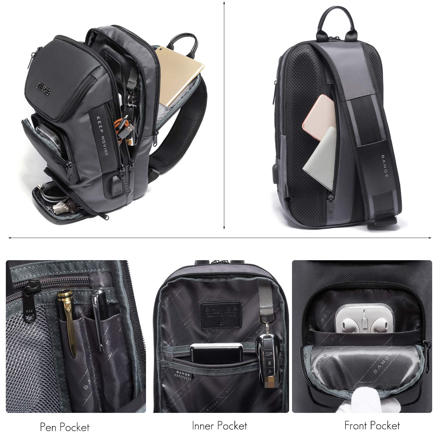 FANDARE Sling Chest Bag Men Business Shoulder Crossbody Backpack fit 9.7 inch Tablet Large Casual Daypack for Outdoor Travel Work Hiking Running Indoor Activities Durable Polyester Gray