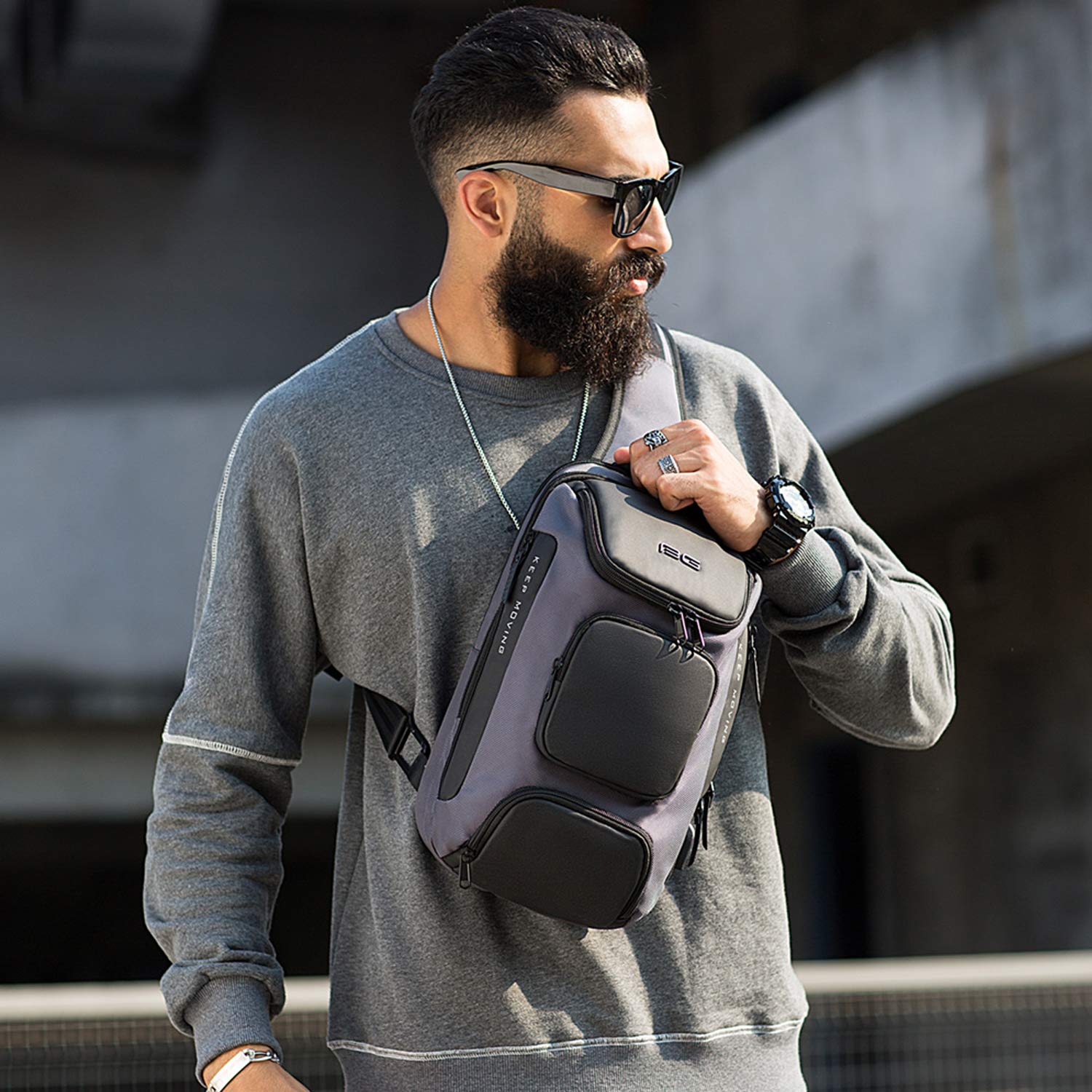 FANDARE Sling Chest Bag Men Business Shoulder Crossbody Backpack fit 9.7 inch Tablet Large Casual Daypack for Outdoor Travel Work Hiking Running Indoor Activities Durable Polyester Gray