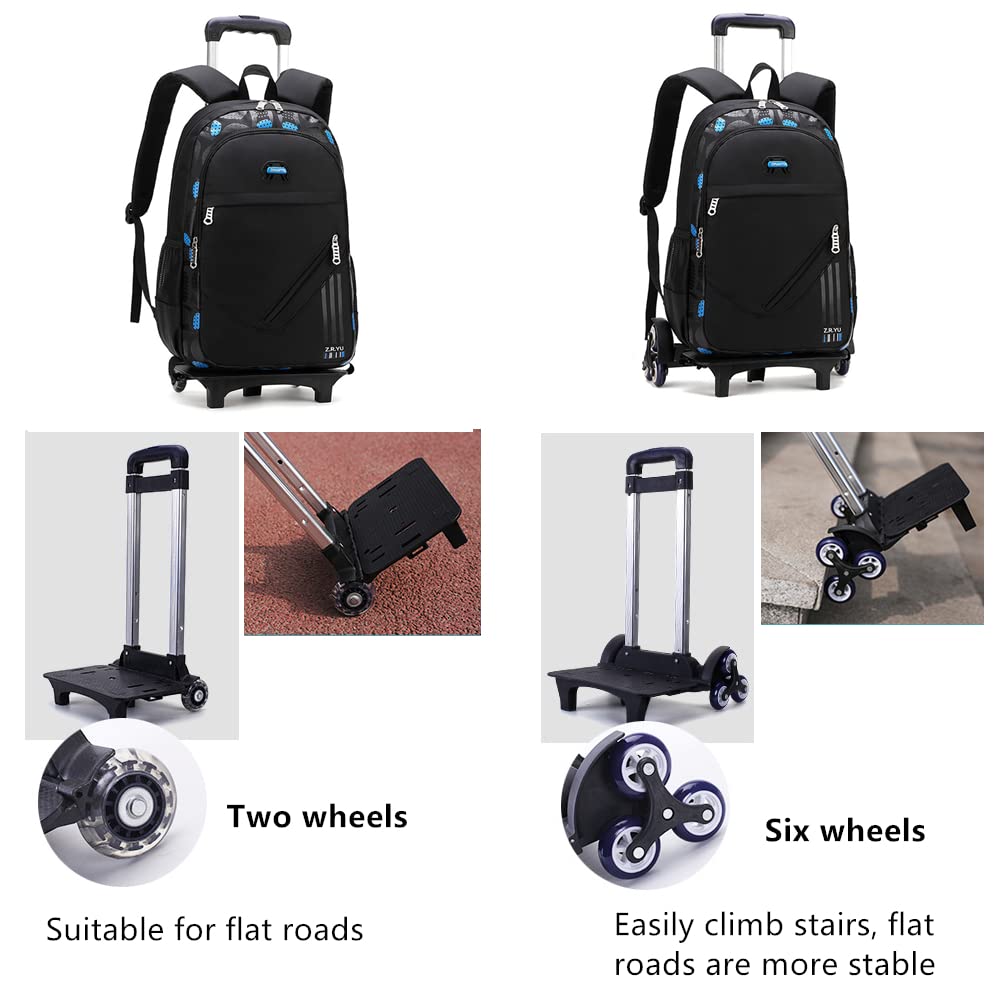 Boys Rolling Backpack Elementary and Middle School Trolley School Bag Large Capacity Wheeled Travel Bag Black/blue-two wheels