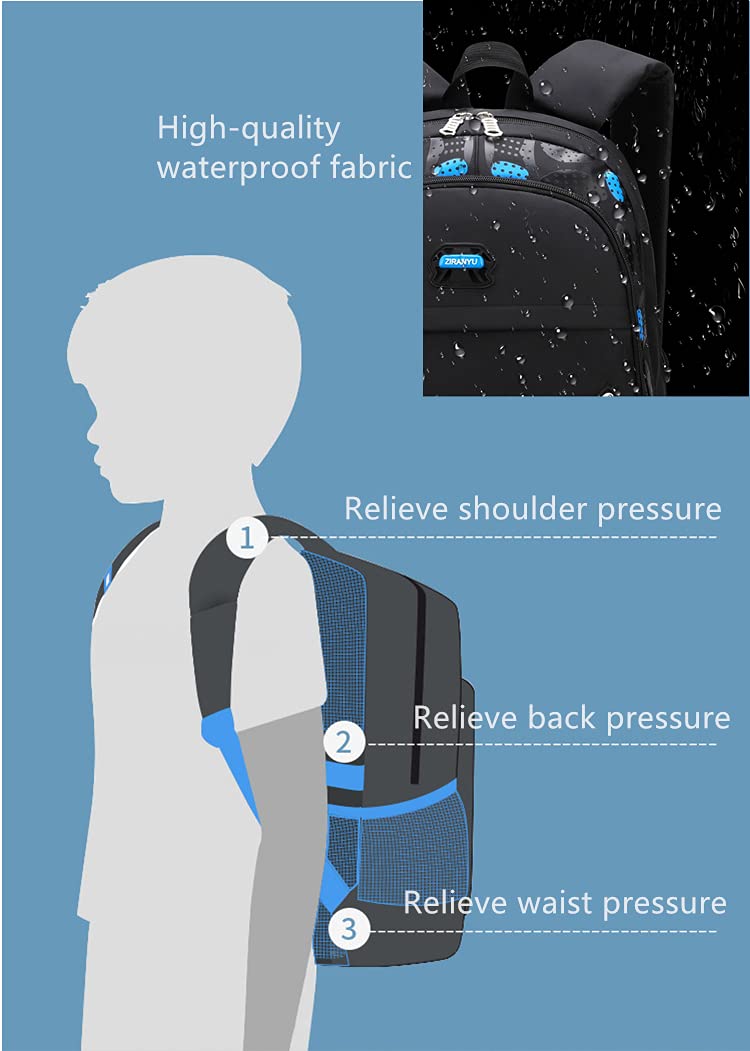 Boys Rolling Backpack Elementary and Middle School Trolley School Bag Large Capacity Wheeled Travel Bag Black/blue-two wheels