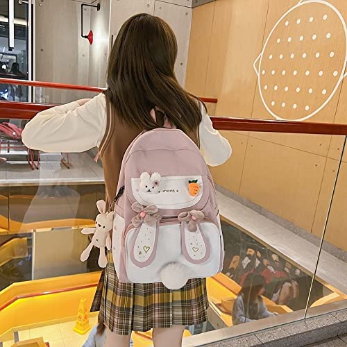 YUESUO Kawaii Large Backpack with Cute Bunny Ear Backpack Pendant Pins for Teen Girl Student School Bag Bookbag Satchel Laptop (Pink,Large)