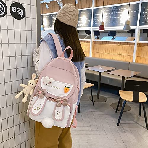 YUESUO Kawaii Large Backpack with Cute Bunny Ear Backpack Pendant Pins for Teen Girl Student School Bag Bookbag Satchel Laptop (Pink,Large)