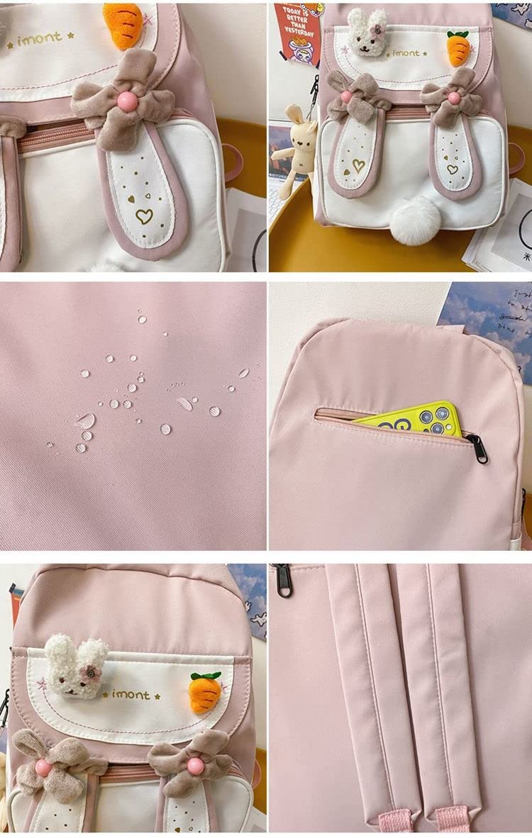 YUESUO Kawaii Large Backpack with Cute Bunny Ear Backpack Pendant Pins for Teen Girl Student School Bag Bookbag Satchel Laptop (Pink,Large)