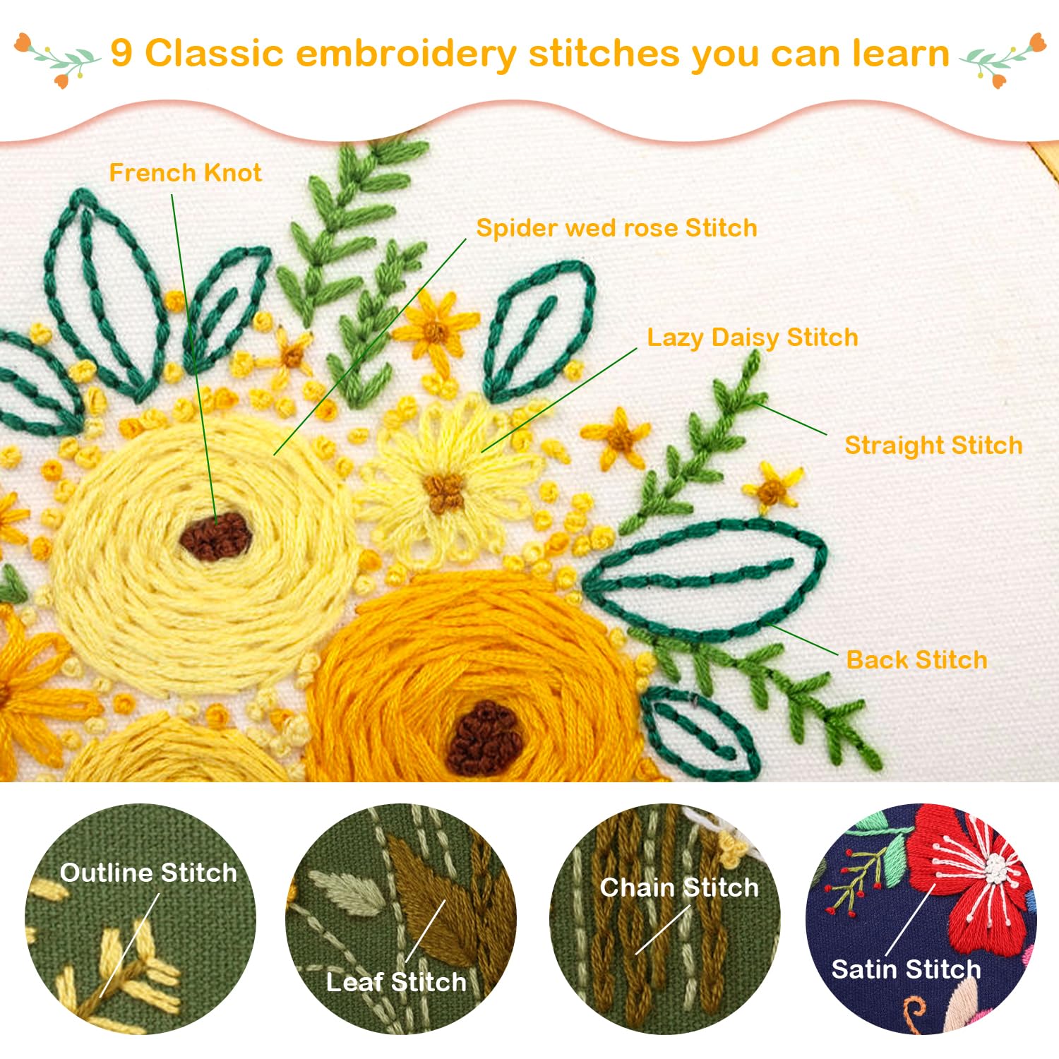 Mocoosy 3 Pack Embroidery Starter Kit for Beginners, Stamped Embroidery Kit with Pattern and Instructions, Cross Stitch Set Kids Adults Crafts Include 3 Embroidery Fabric, 3 Bamboo Hoops, Threads