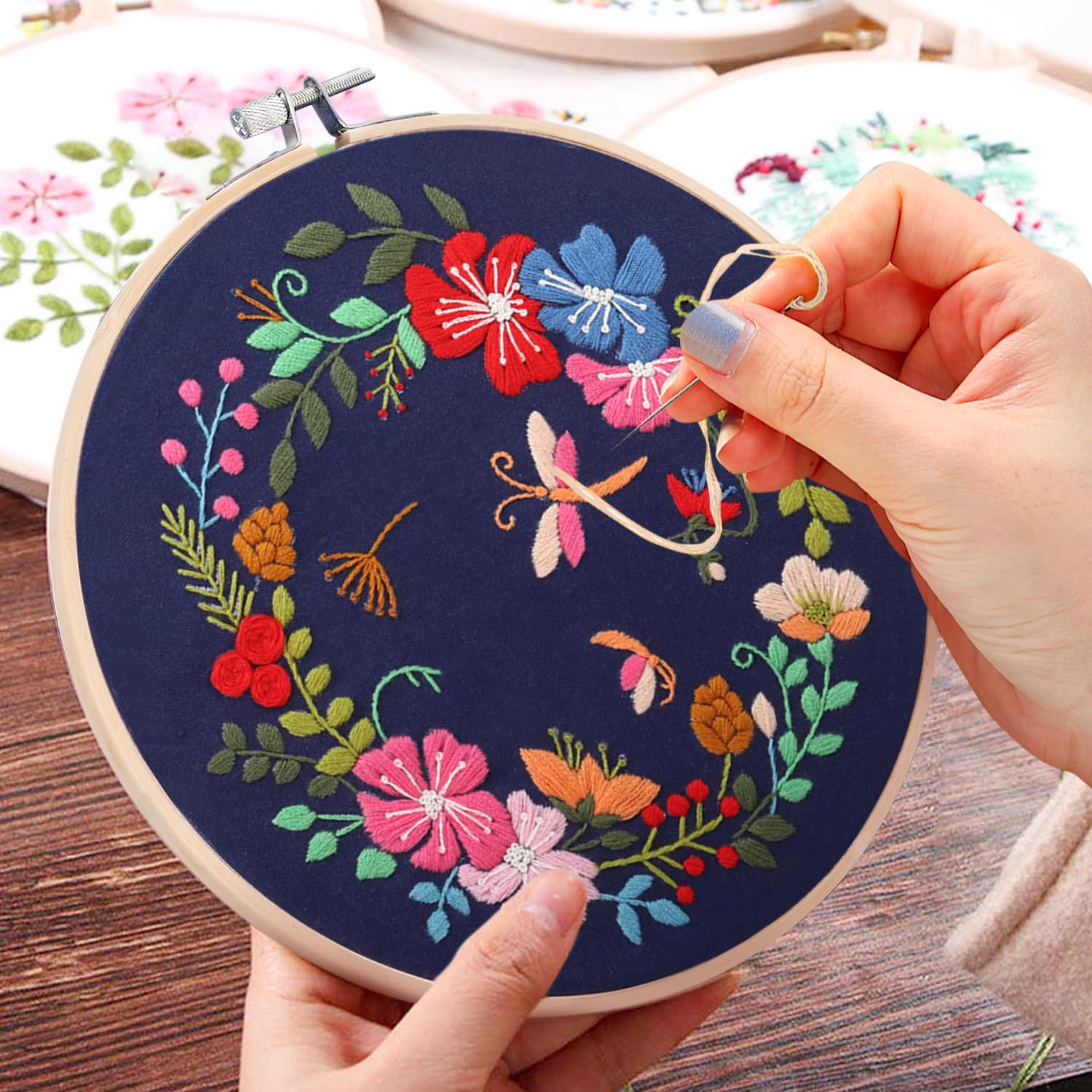 Mocoosy 3 Pack Embroidery Starter Kit for Beginners, Stamped Embroidery Kit with Pattern and Instructions, Cross Stitch Set Kids Adults Crafts Include 3 Embroidery Fabric, 3 Bamboo Hoops, Threads