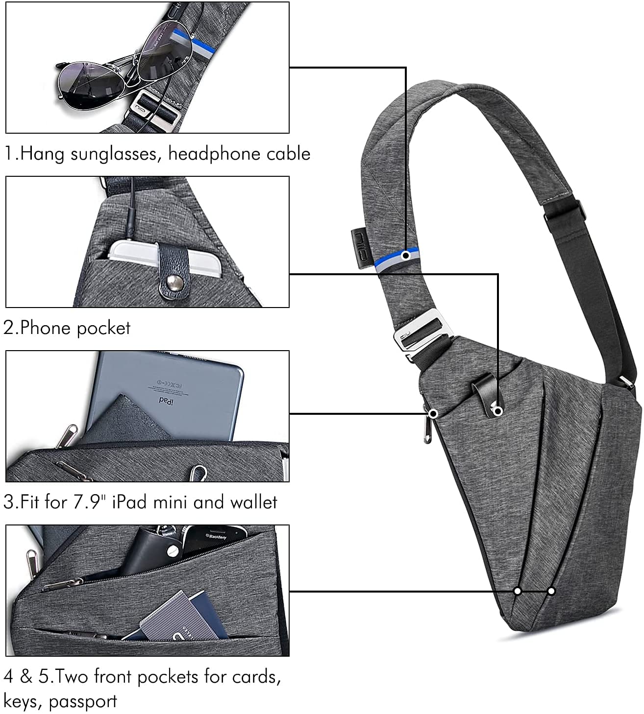 NIID FINO Sling Bag Multipurpose Slim Backpack waterproof and Anti-Theft Travel Chest Bag for Men Women(Right Hand)
