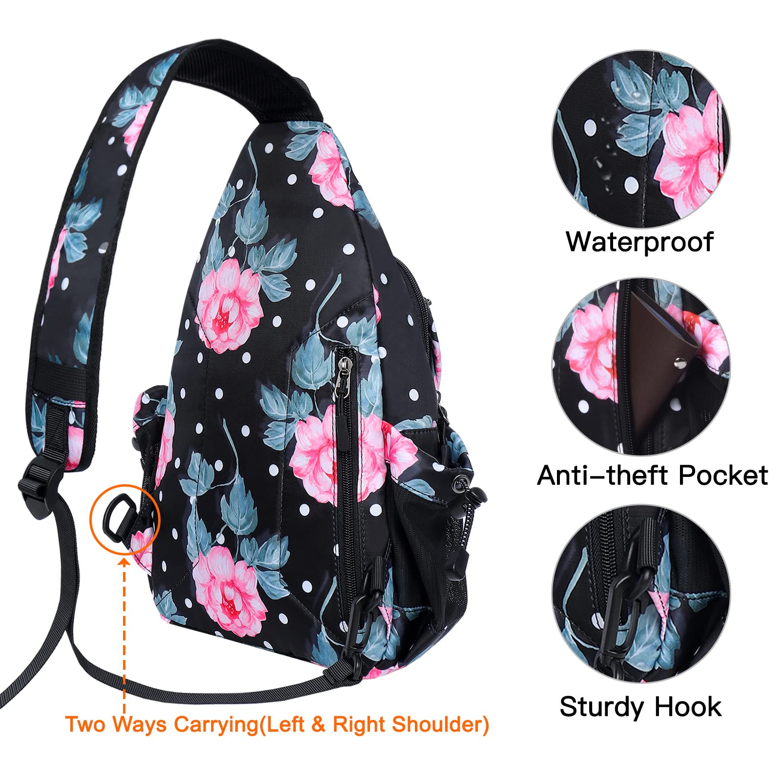 MOSISO Sling Backpack, Impatiens Crossbody Travel Hiking Daypack Chest Bag with Anti-theft Pocket, Black