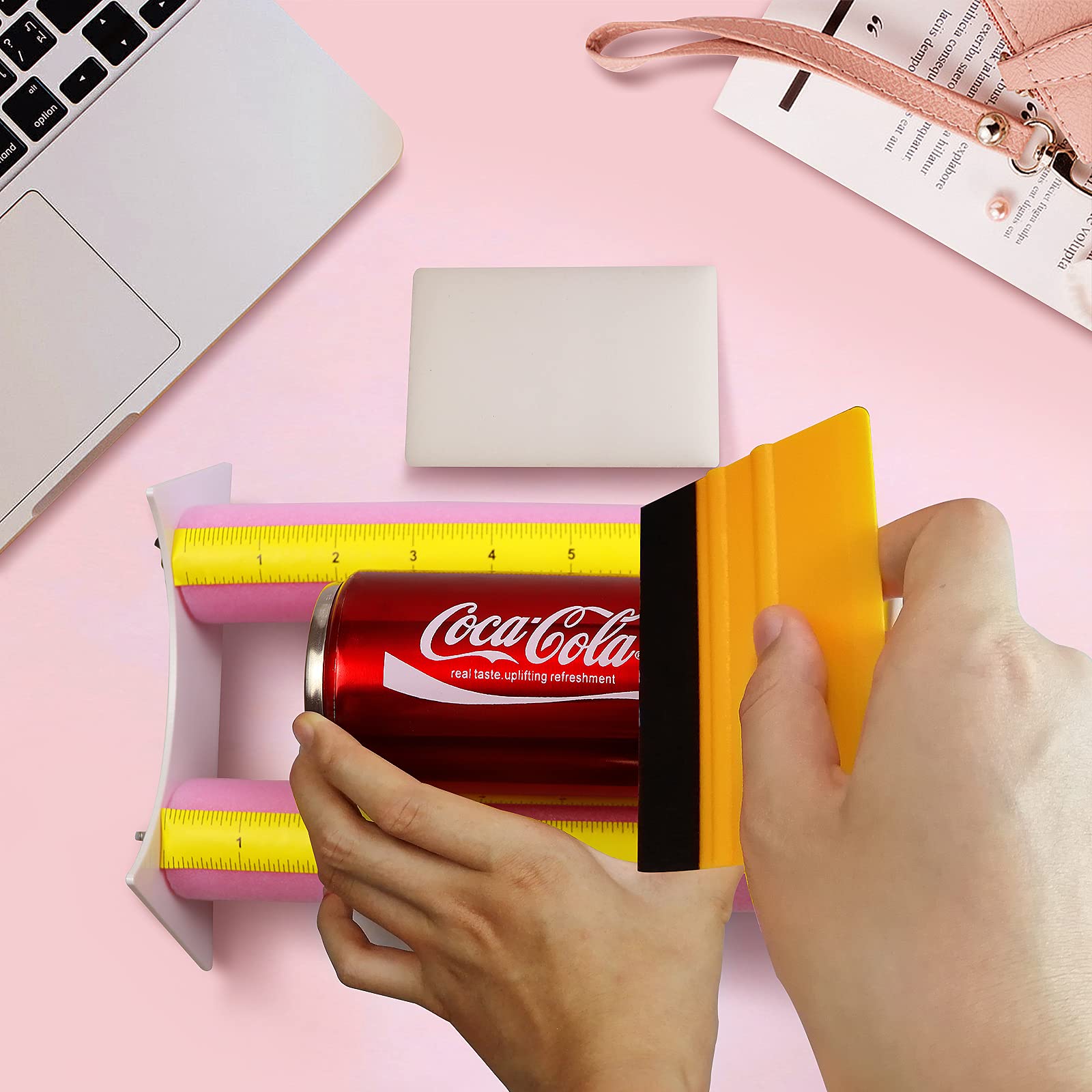 Cup Cradle for Tumbler with an Adjustment Pad and a Felt Edge Squeegee, Vinyl Holder with Foam Measurements for Crafting Decals on Cups and Bottles