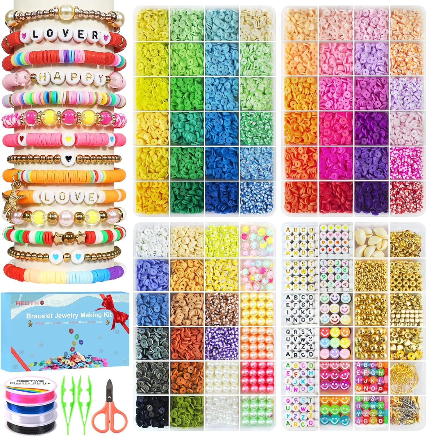 Redtwo 18000 Pcs Clay Beads Bracelet Making Kit, 3 Boxes 64 Colors Flat Polymer Heishi Beads Jewelry Making kit with Gift Pack, Friendship Bracelet Kits for Girls Ages 8-12