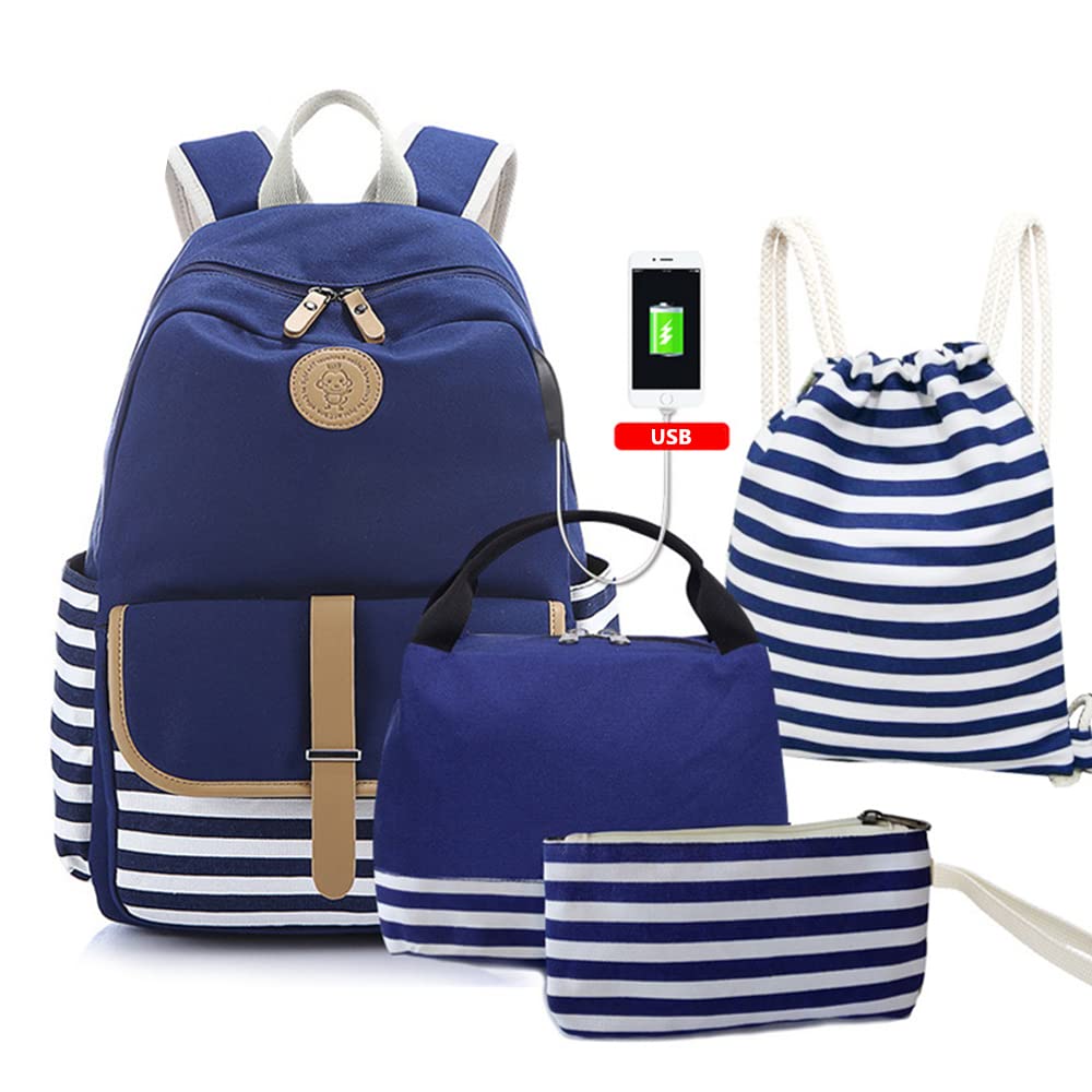 4 Piece Striped Student Backpack set Boys Girls School Bag Teen Leisure Travel Bag