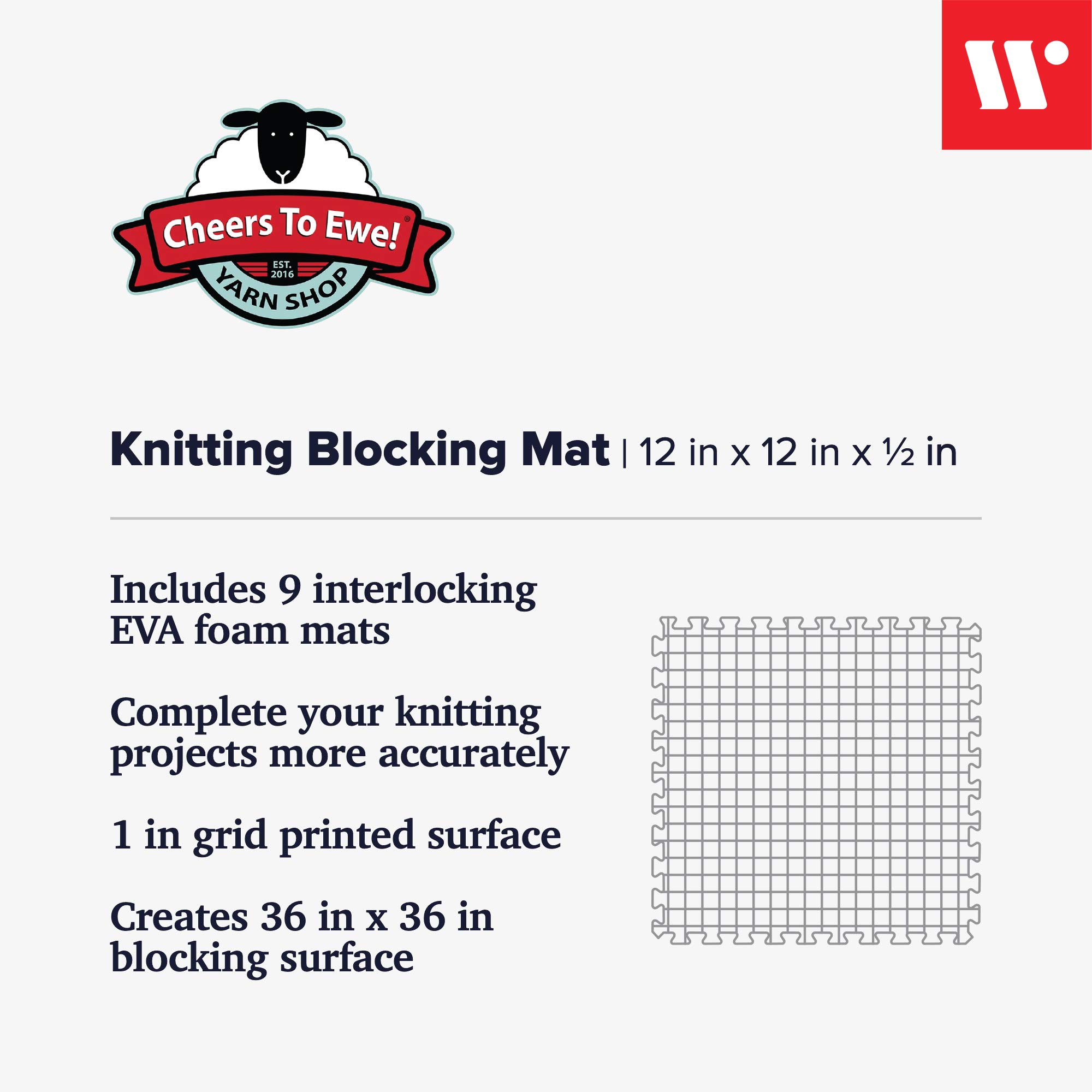 Cheers to Ewe! Foam Knitting Block Mat, Grid Blocking for Knitting Accuracy and Crochet, ½ Inch Thick with 1 Inch Grid, Pack of 9
