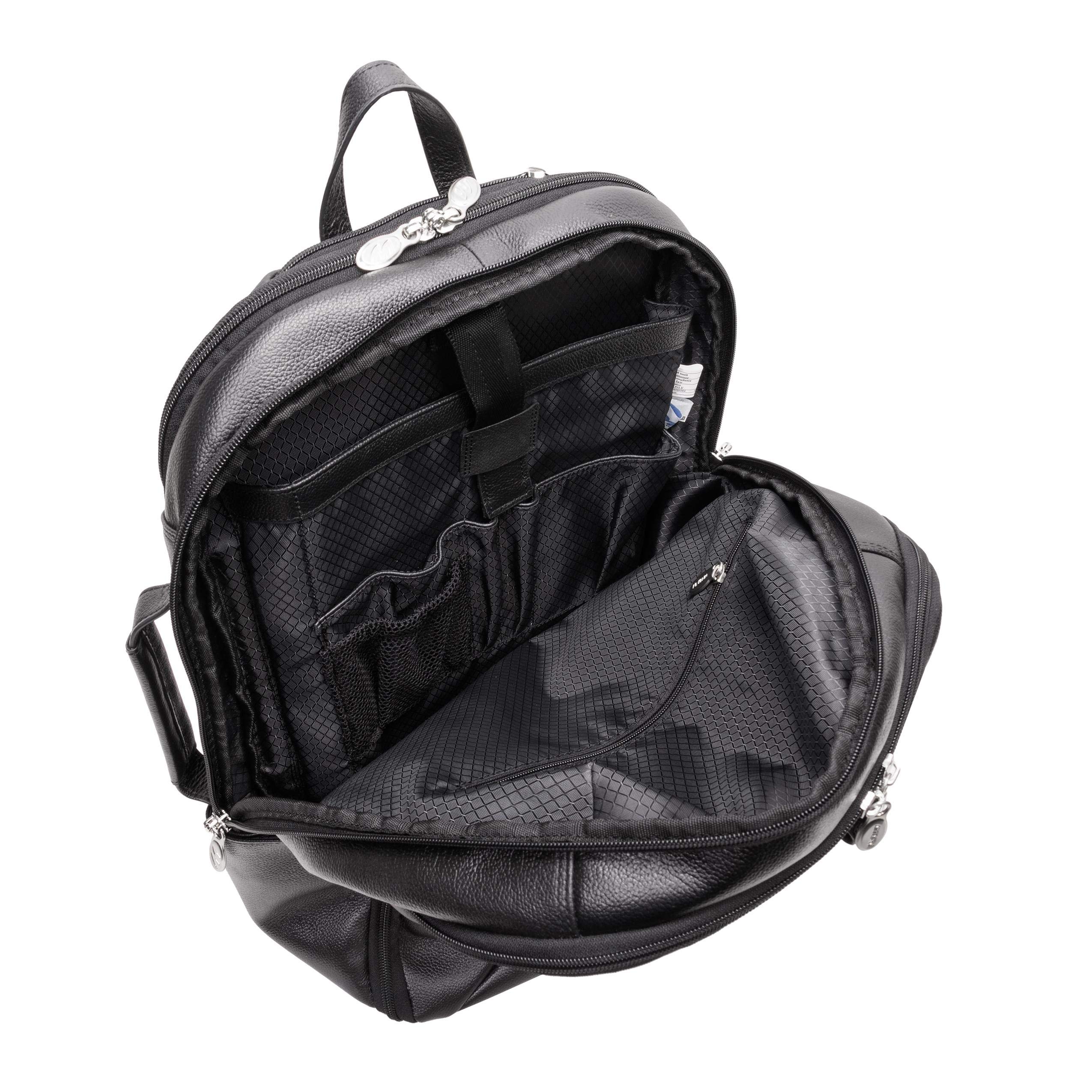 McKleinUSA Englewood, Pebble Grain Calfskin Leather, 17" Leather, Triple Compartment, Carry-All, Laptop & Tablet Weekend Backpack, Black (18895)