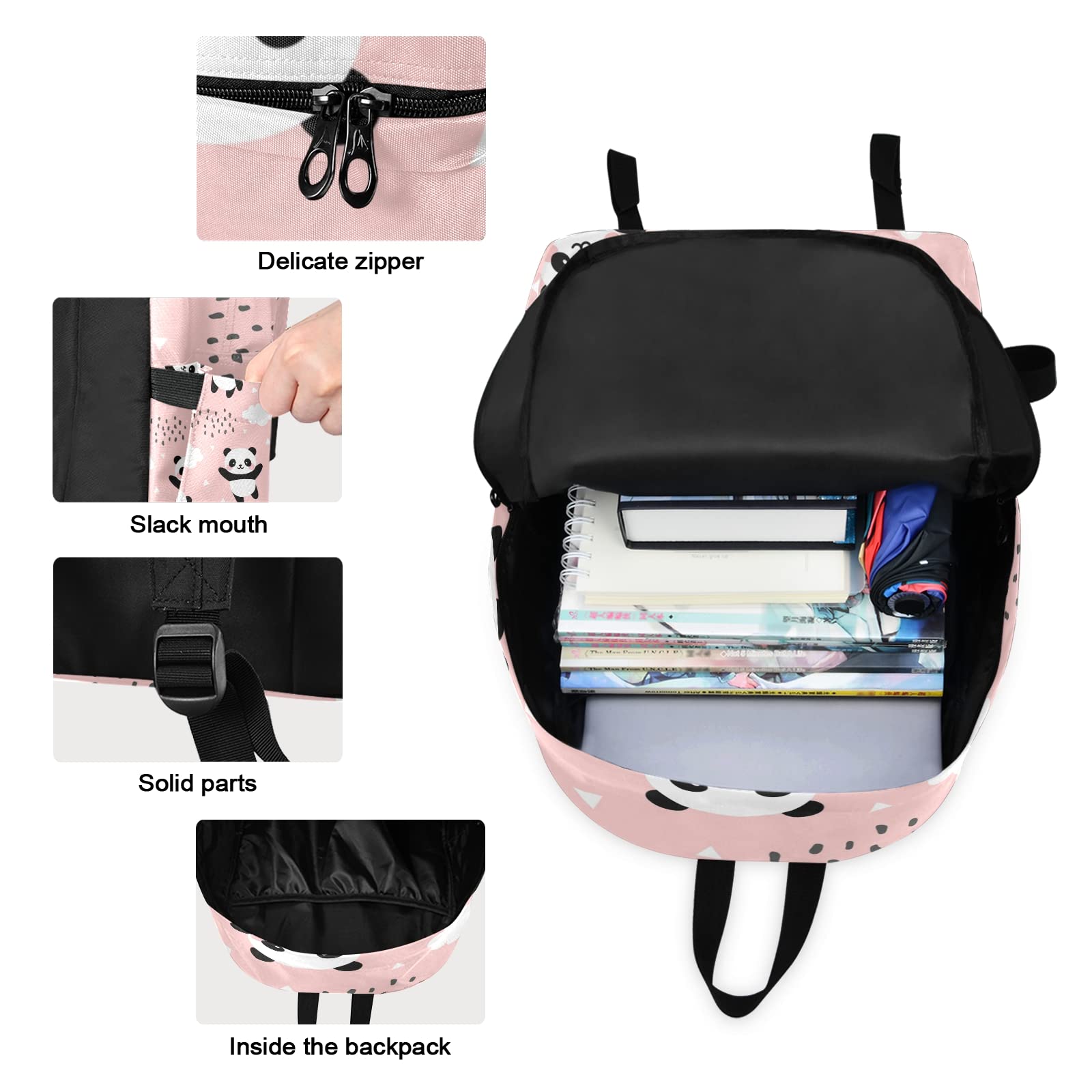Moudou Panda School Backpack with Lunch Bag Student Bookbag Travel Daypack for Teen Boys Girls