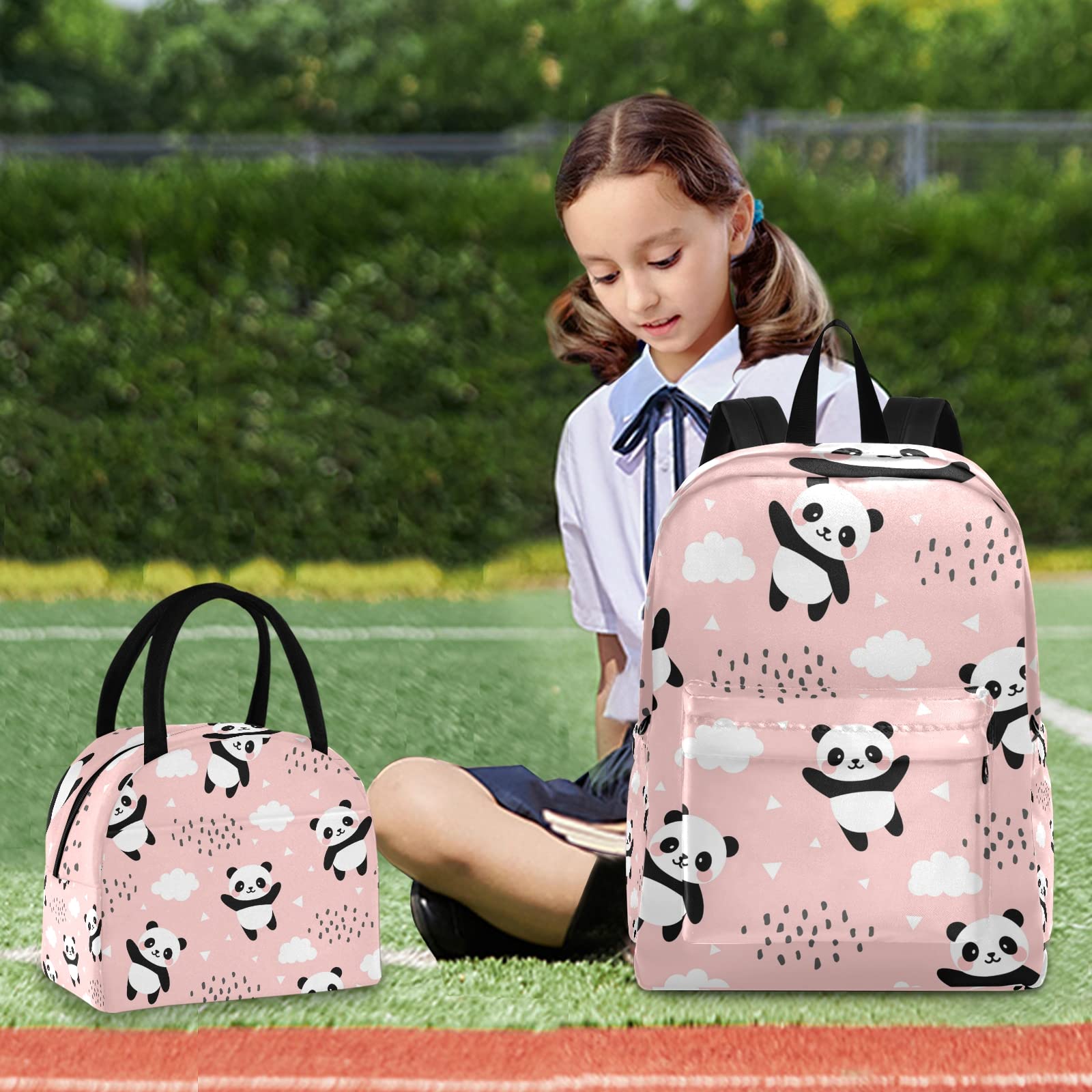 Moudou Panda School Backpack with Lunch Bag Student Bookbag Travel Daypack for Teen Boys Girls