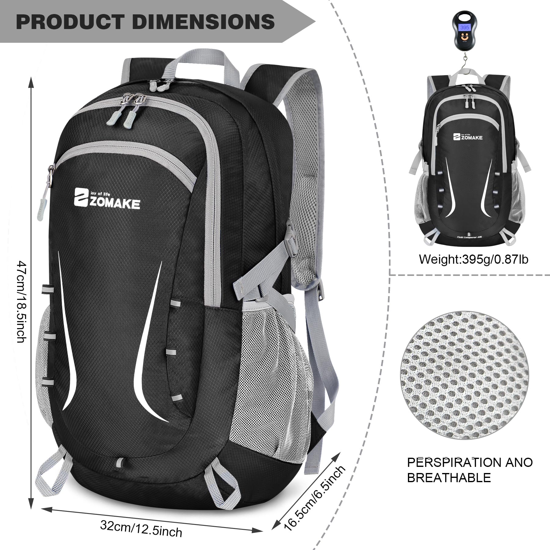 ZOMAKE Packable Hiking Backpack 40L:Lightweight Foldable Backpacks Water Resistant - Small Packable Back Pack Travel Day Pack for Camping Hiking Women Men (Olive green)