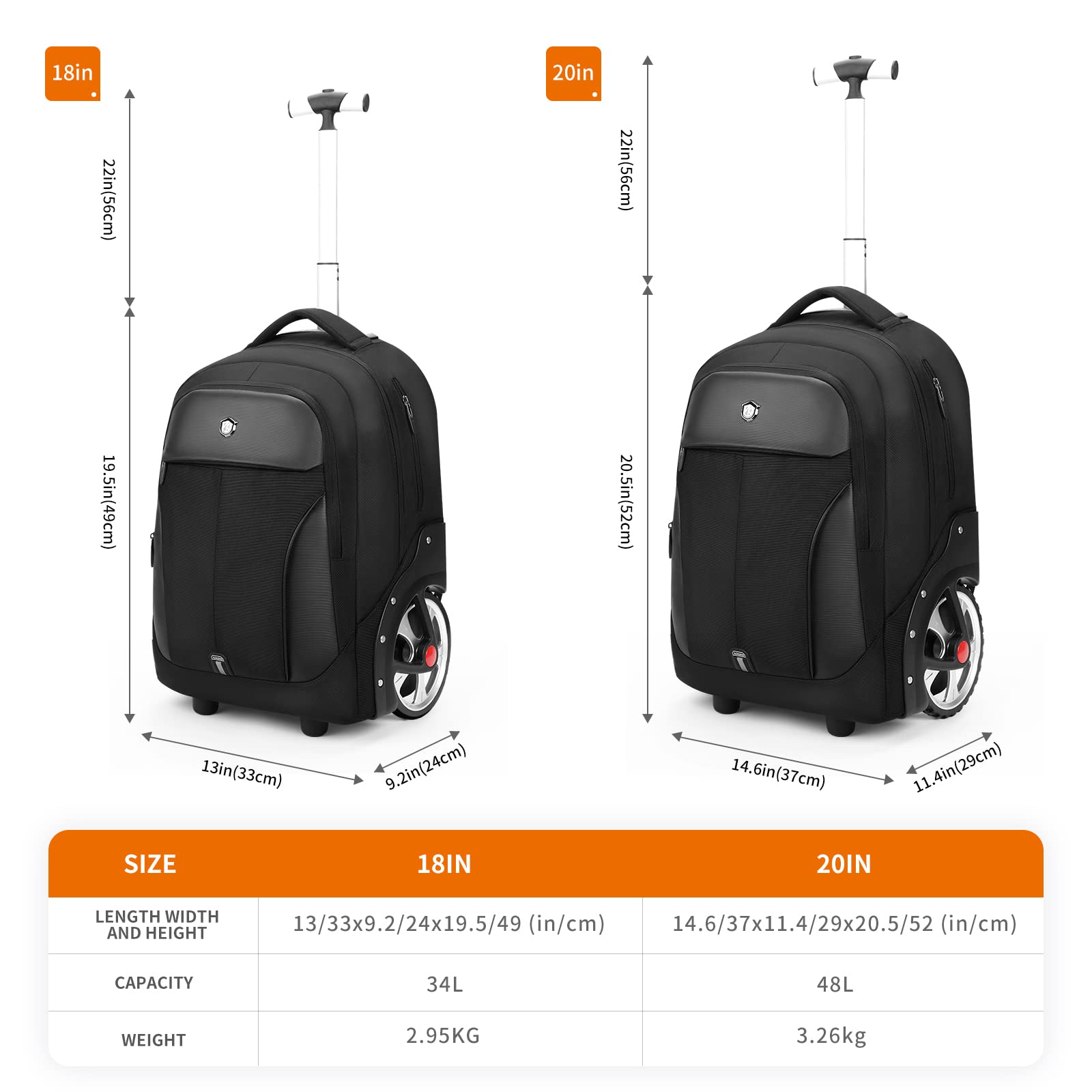 AOKING 18/20 Inch Large Wheeled Water Resistant Travel School Business Rolling Wheeled Backpack with Laptop Compartment Bag (20 inch, Black)