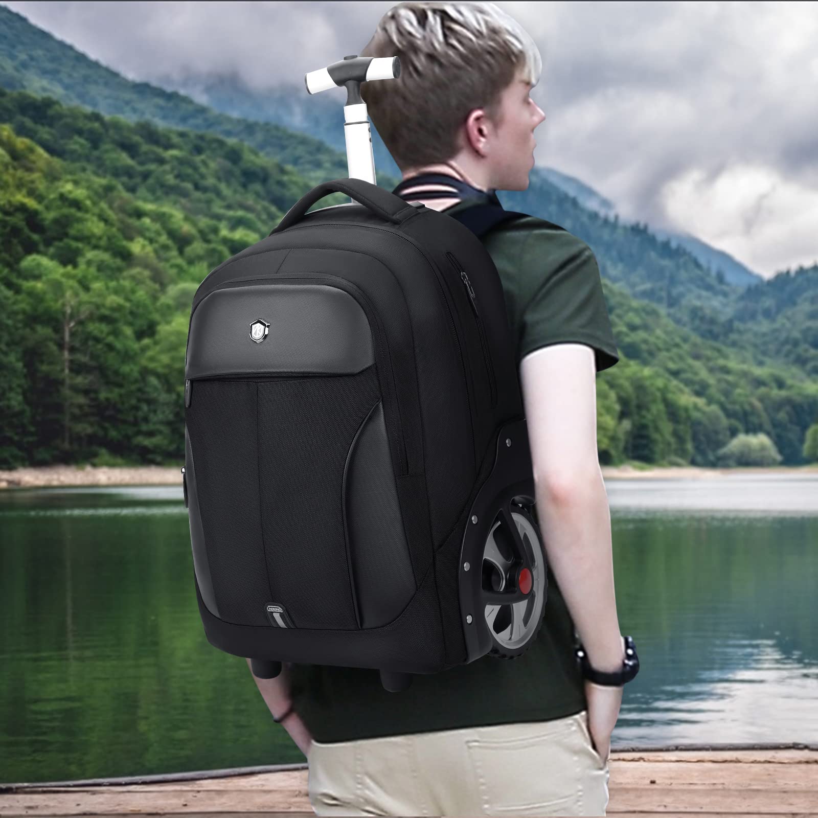 AOKING 18/20 Inch Large Wheeled Water Resistant Travel School Business Rolling Wheeled Backpack with Laptop Compartment Bag (20 inch, Black)