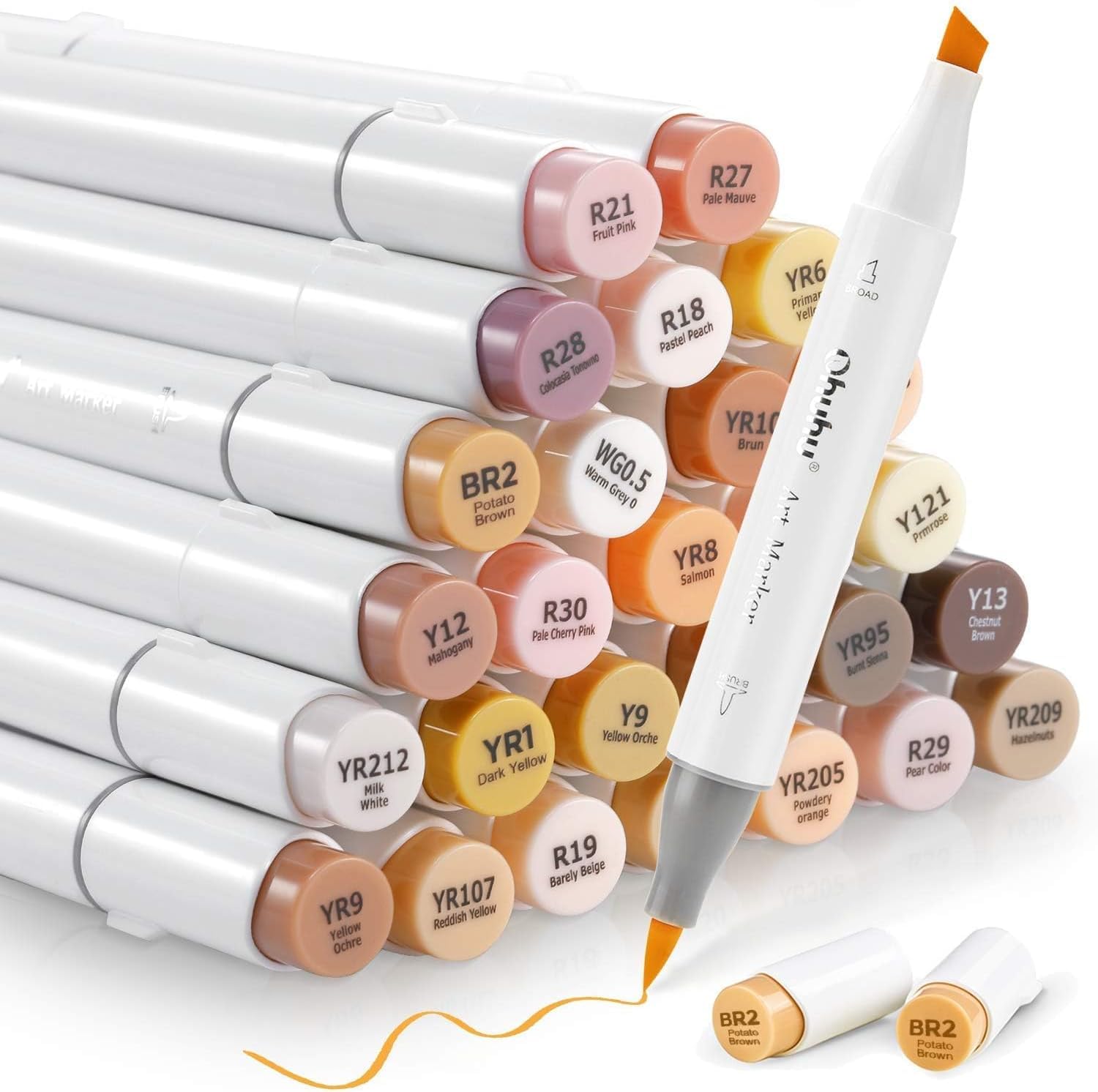 Ohuhu Alcohol Markers Skin Tone Brush Tip - Double Tipped Skin Color Markers for Artist Adults' Coloring Illustration - 36 Portrait Skin Colors w/ 1 Alcohol Based Blender, Chisel & Brush - Honolulu