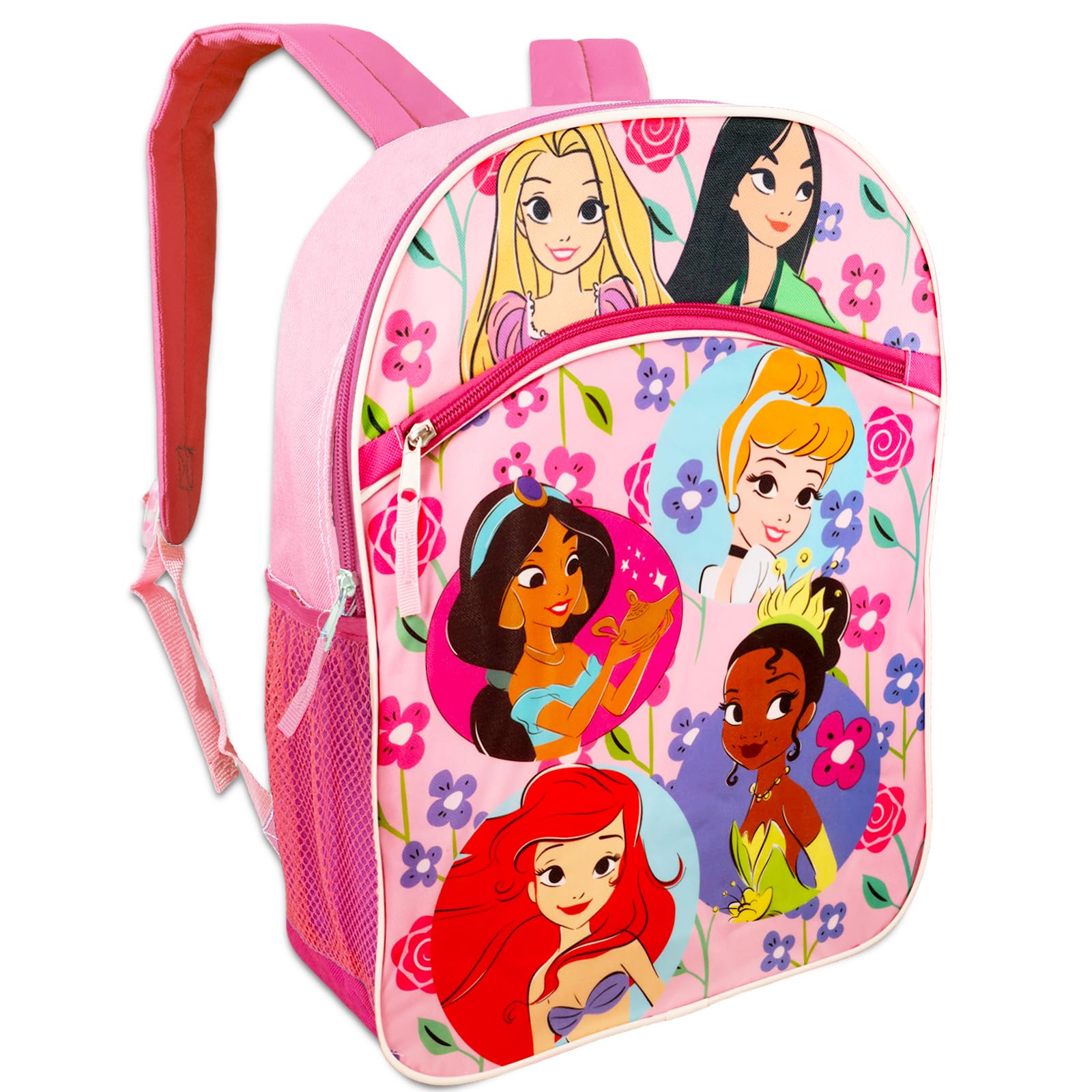 Disney Princess Backpack for Girls 4-6 - Bundle with 15β Disney Princess School Backpack, Disney Princess Drink Pouch, Stickers, More (Disney Princess Backpack Kids)