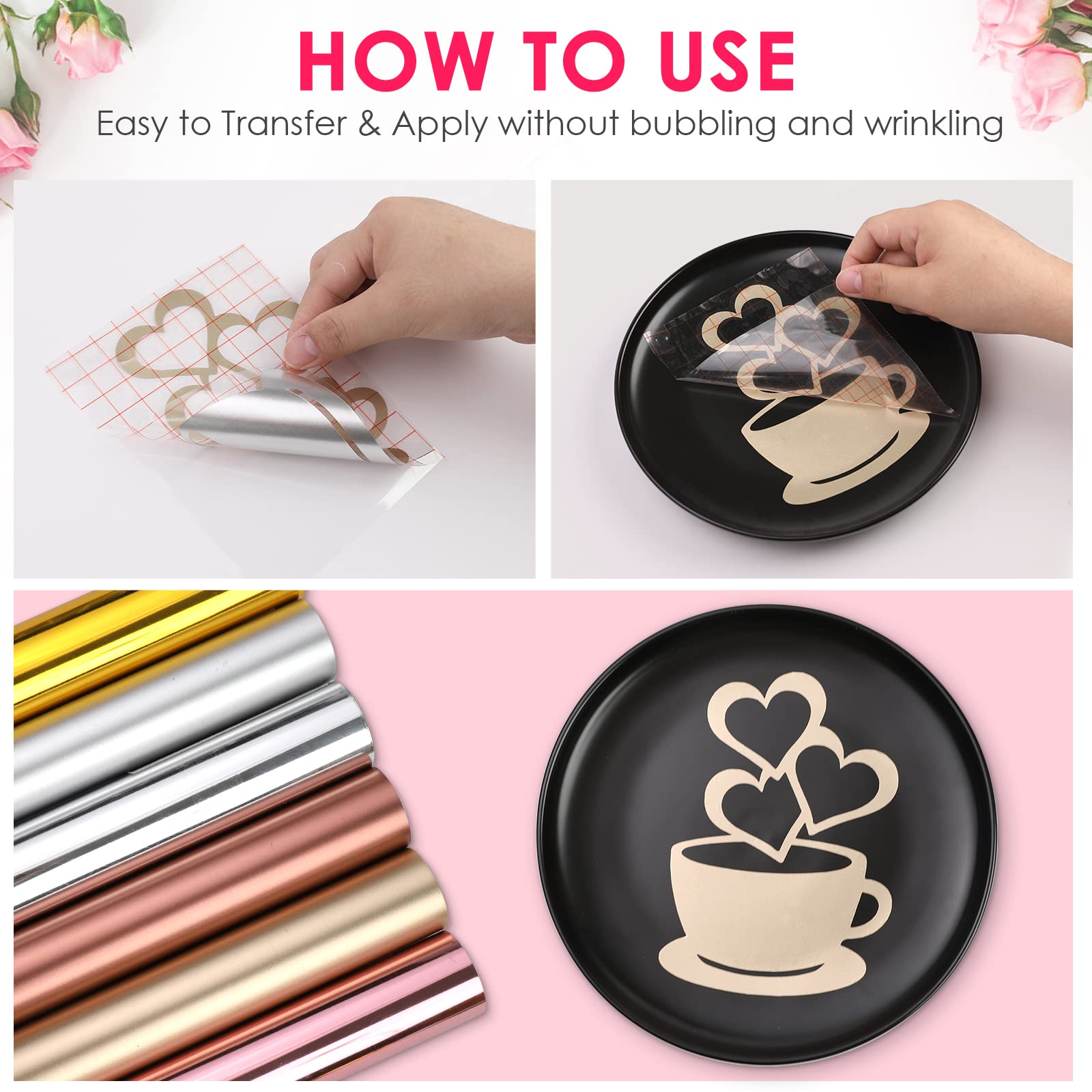 HTVRONT Rose Gold Chrome Vinyl, Metallic Rose Gold Permanent Vinyl, 12" x 5 FT Rose Gold Vinyl Roll for Cricut - Easy to Weed & Transfer