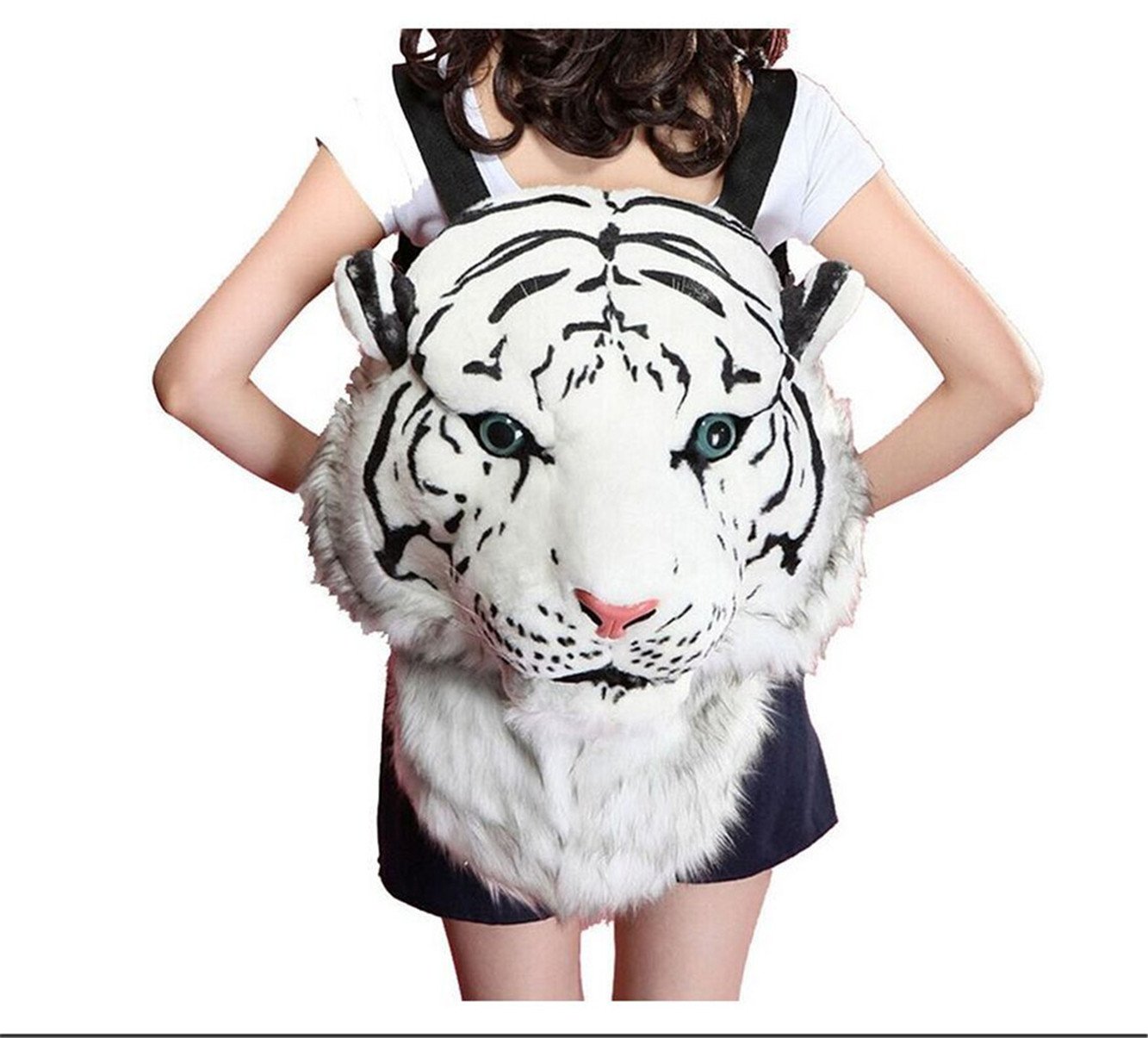 Domineering backpack stuffed tiger head 3D simulation personalised shoulder Bag Animal head shoulders bag (large, tiger white)