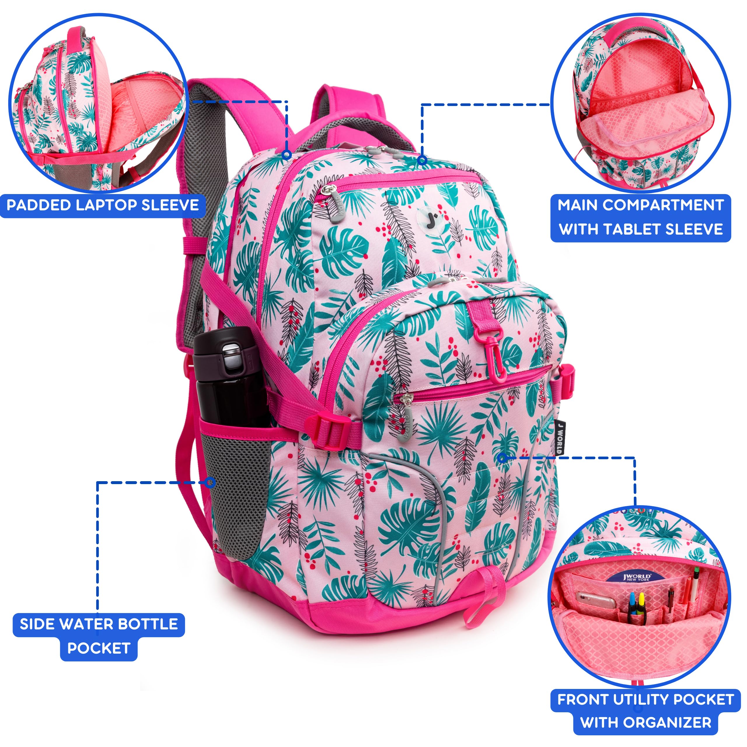 J World New York Atom Multi-Compartment Laptop Backpack, Palm Leaves, 18.5 X 13 X 7.5 (H X W X D)
