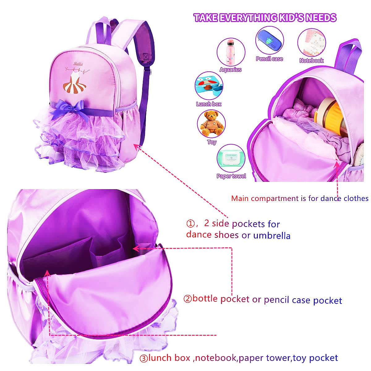 WUHBJJXY PREMIUM 20L FASHIONAL MULTIFUNTIONAL PURPLE KIDS DANCE BAG,KIDS BALLET BACKPACK ,Toddler Dance Bags,LARGE STORAGE CAPACITY