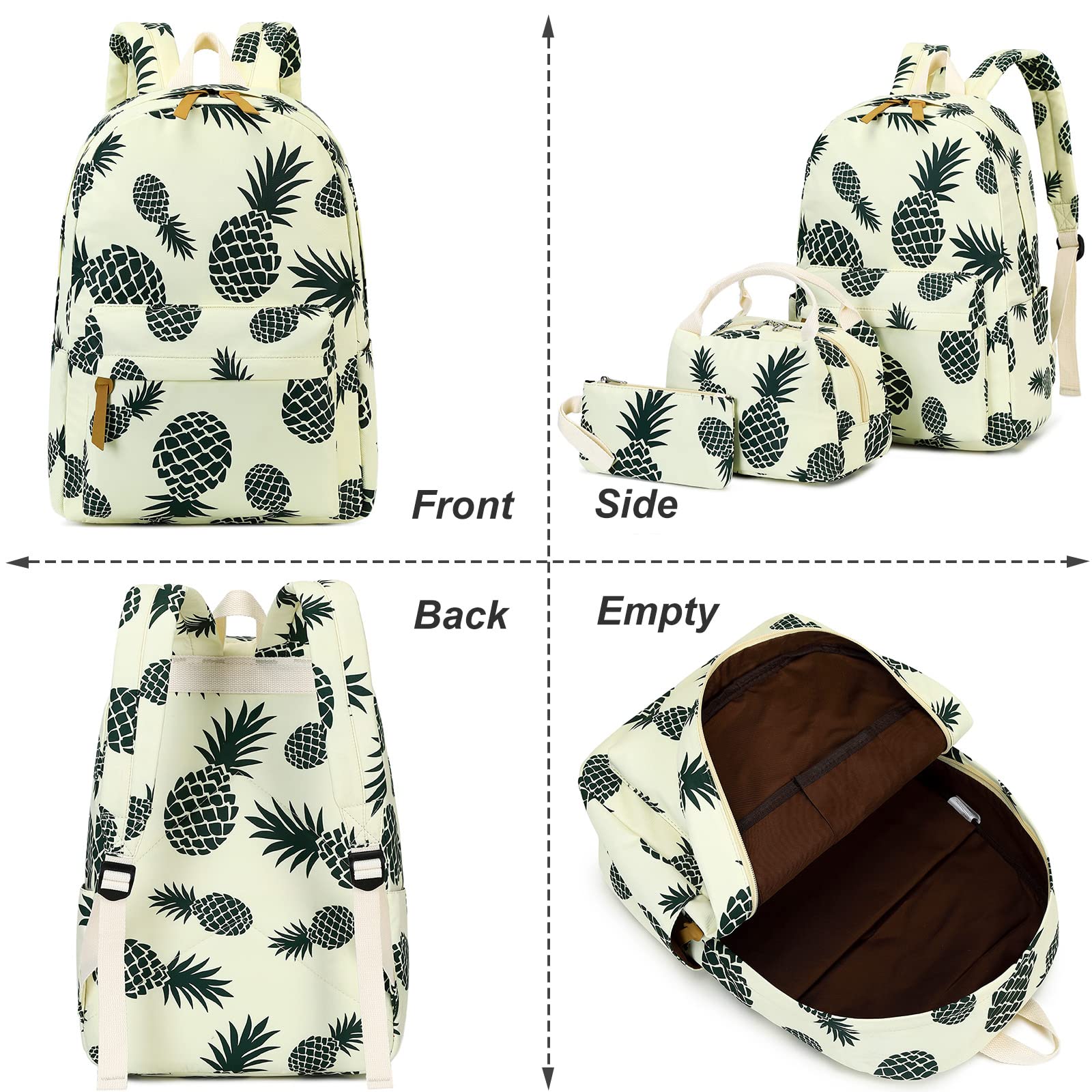 Bookbag School Backpack Girls Cute Schoolbag for 15 inch Laptop backpack set (Beige A002 Green pineapple)