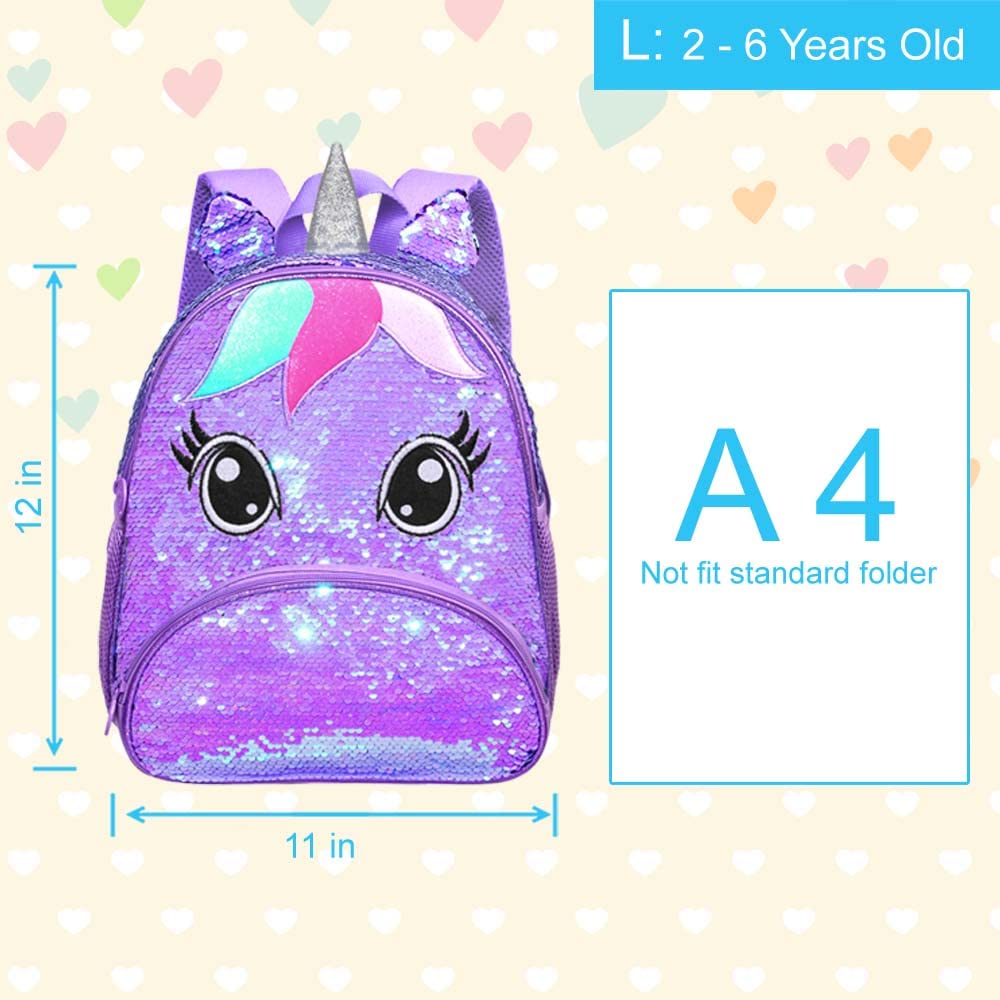 Toddler Backpack for Girls, 12" Unicorn Sequin Kids Bookbag, Cute Animal Preschool Kindergarten Schoolbag
